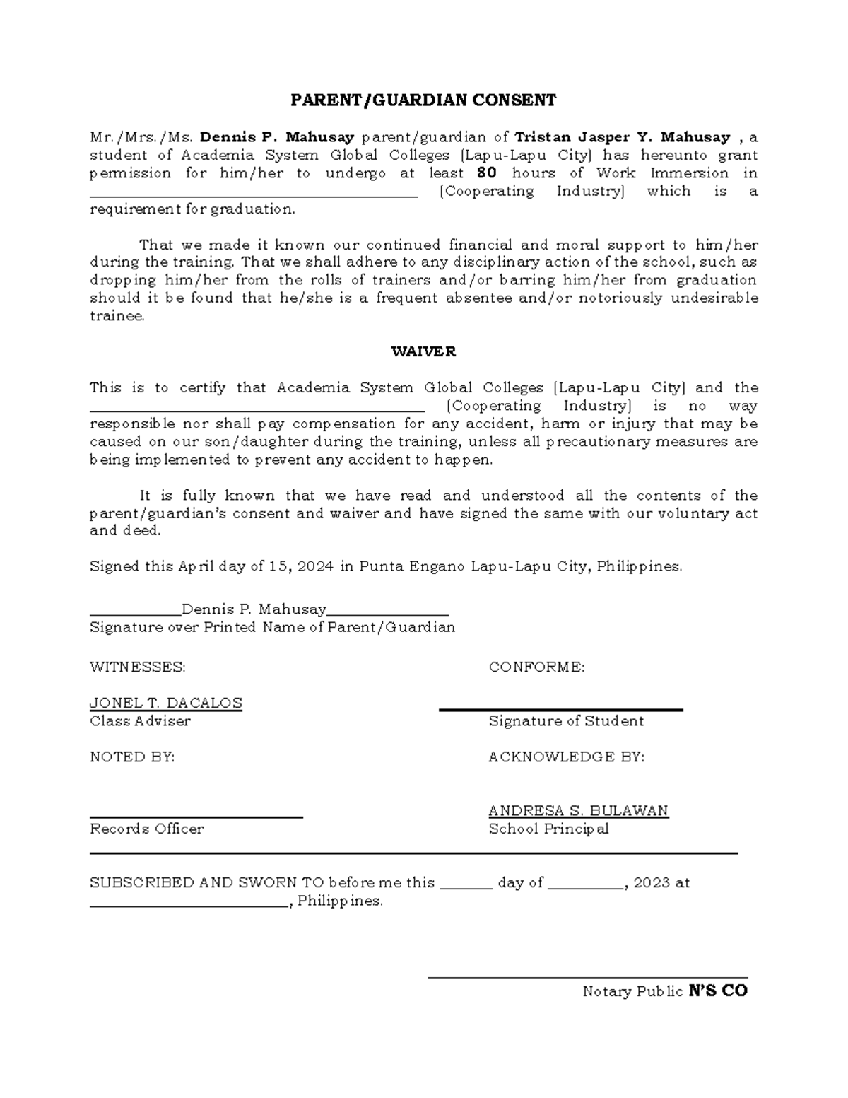 Parent Consent AND Waiver Update 2 - PARENT/GUARDIAN CONSENT Mr./Mrs ...