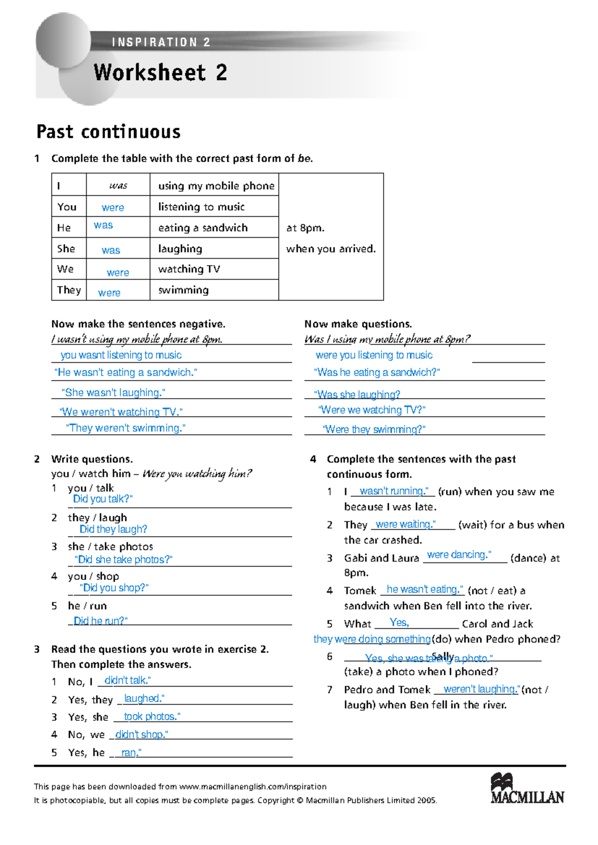 Past continuous - 1 Complete the table with the correct past form of be. Now make the sentences ...