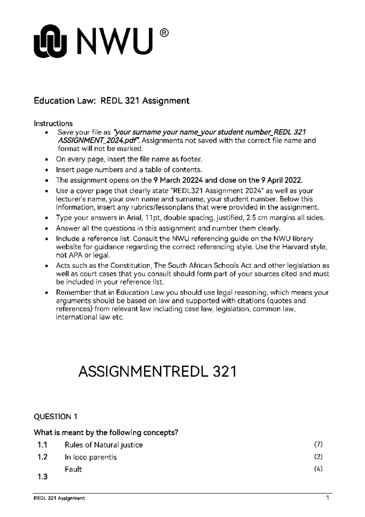 2024716 - Assignment - NWU R Education Law: REDL 321 Assignment ...