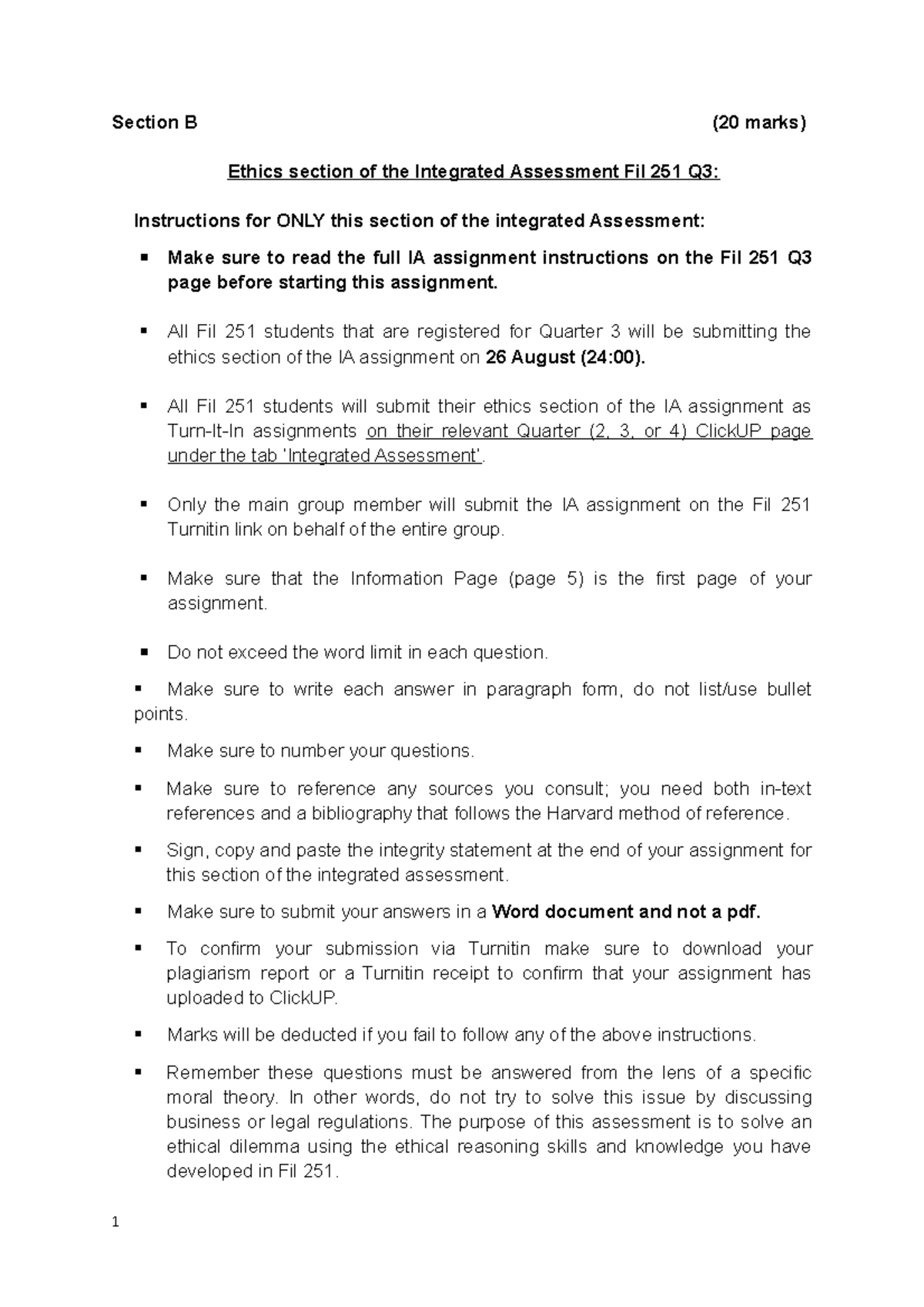 Section B IA FIl 251 Q3 2 - Section B (20 marks) Ethics section of the ...