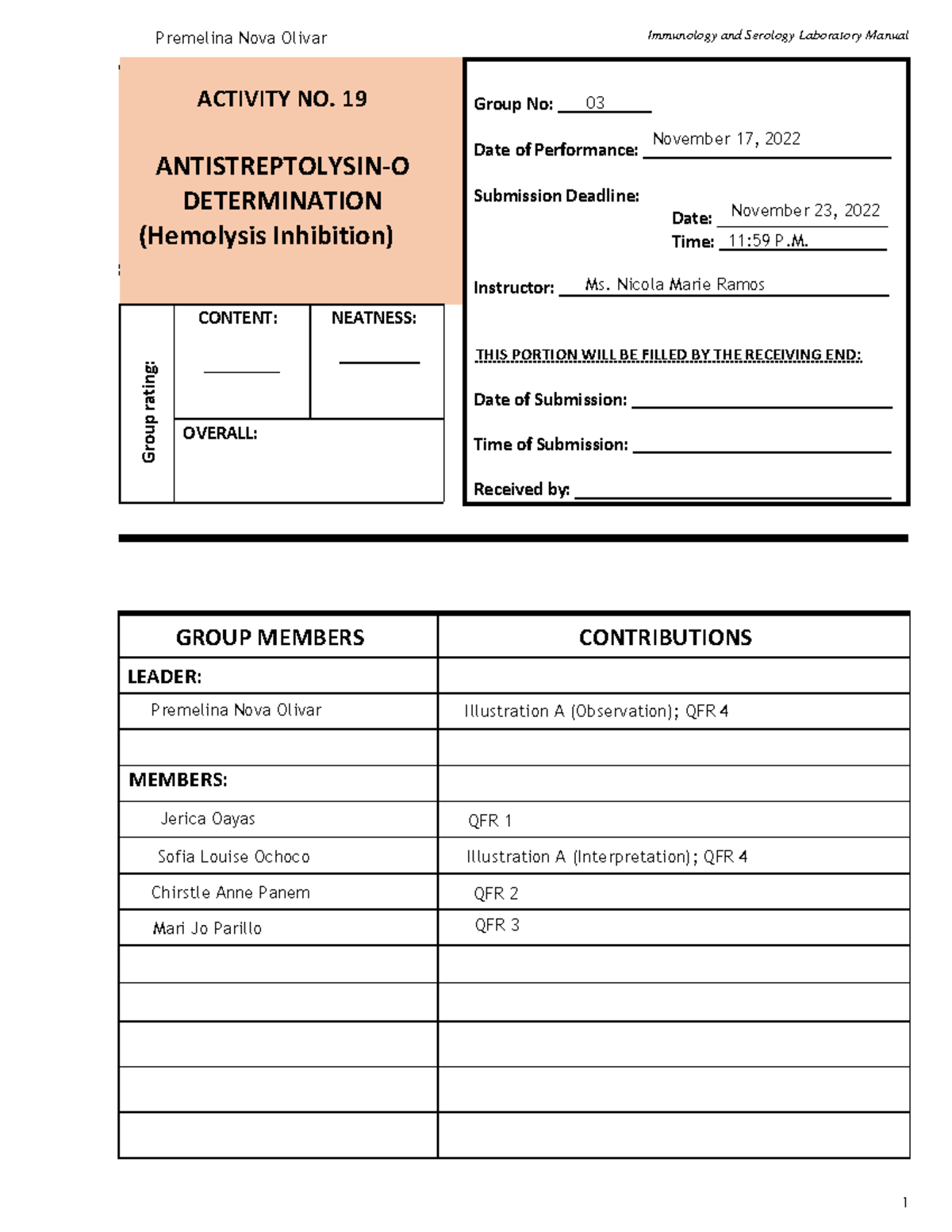 Immuno-SERO ACT 19 (Olivar, Premelina Nova) - ACTIVITY NO. 19 ...