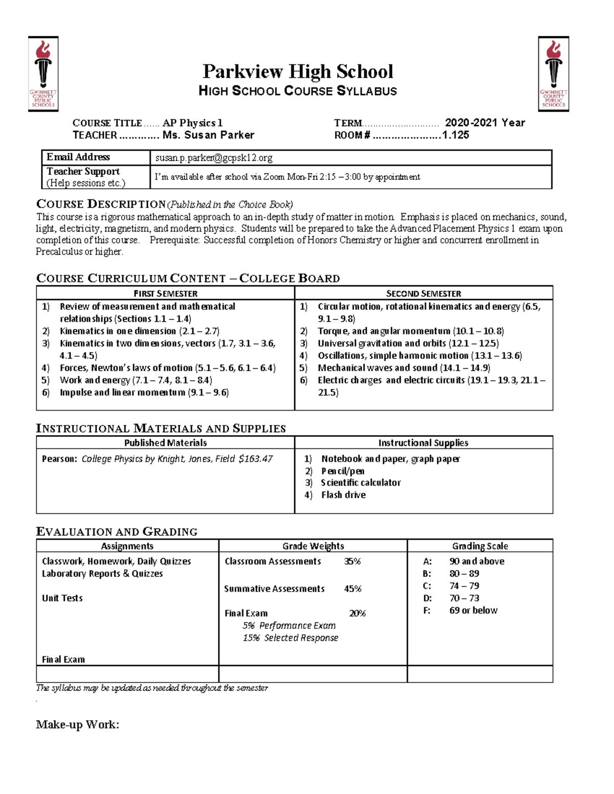 AP Physics 1 Syll 2020 - Lecture notes 7,15 - Parkview High School HIGH ...