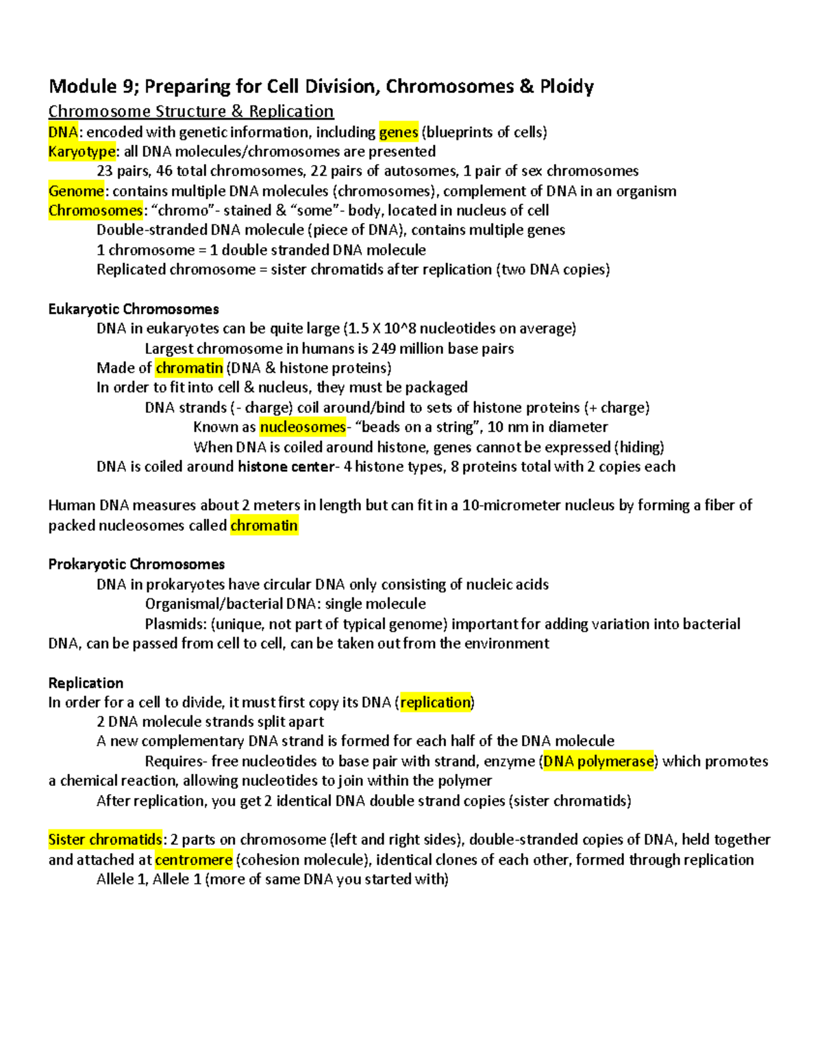 Module 9 Notes- Preparing for Cell Division, Chromosomes, and Ploidy ...