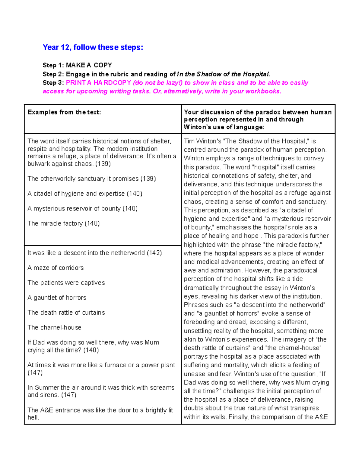 Engaging in the rubric In the Shadow of the Hospital - Year 12, follow ...