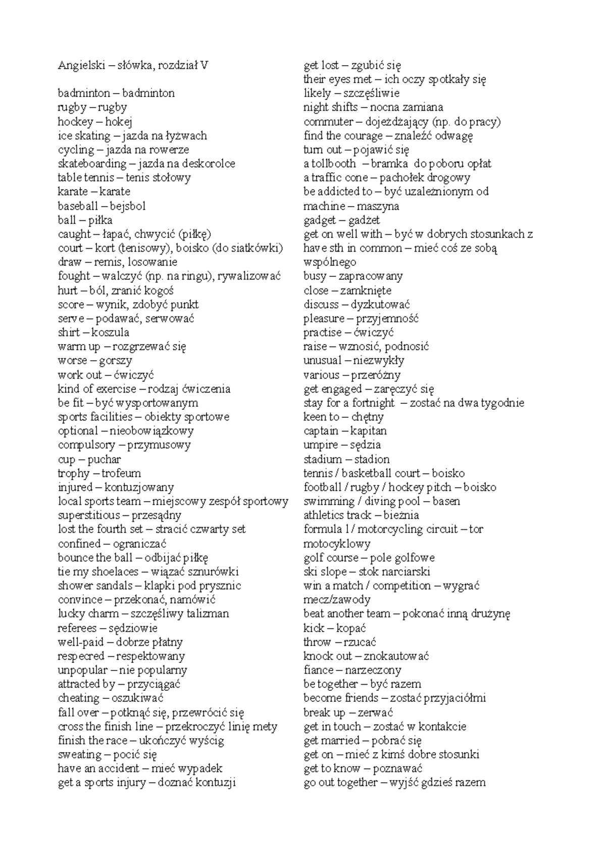 Słówka - rozdział V - Słówka do sprawdzianu z rozdziału V - Angielski ...