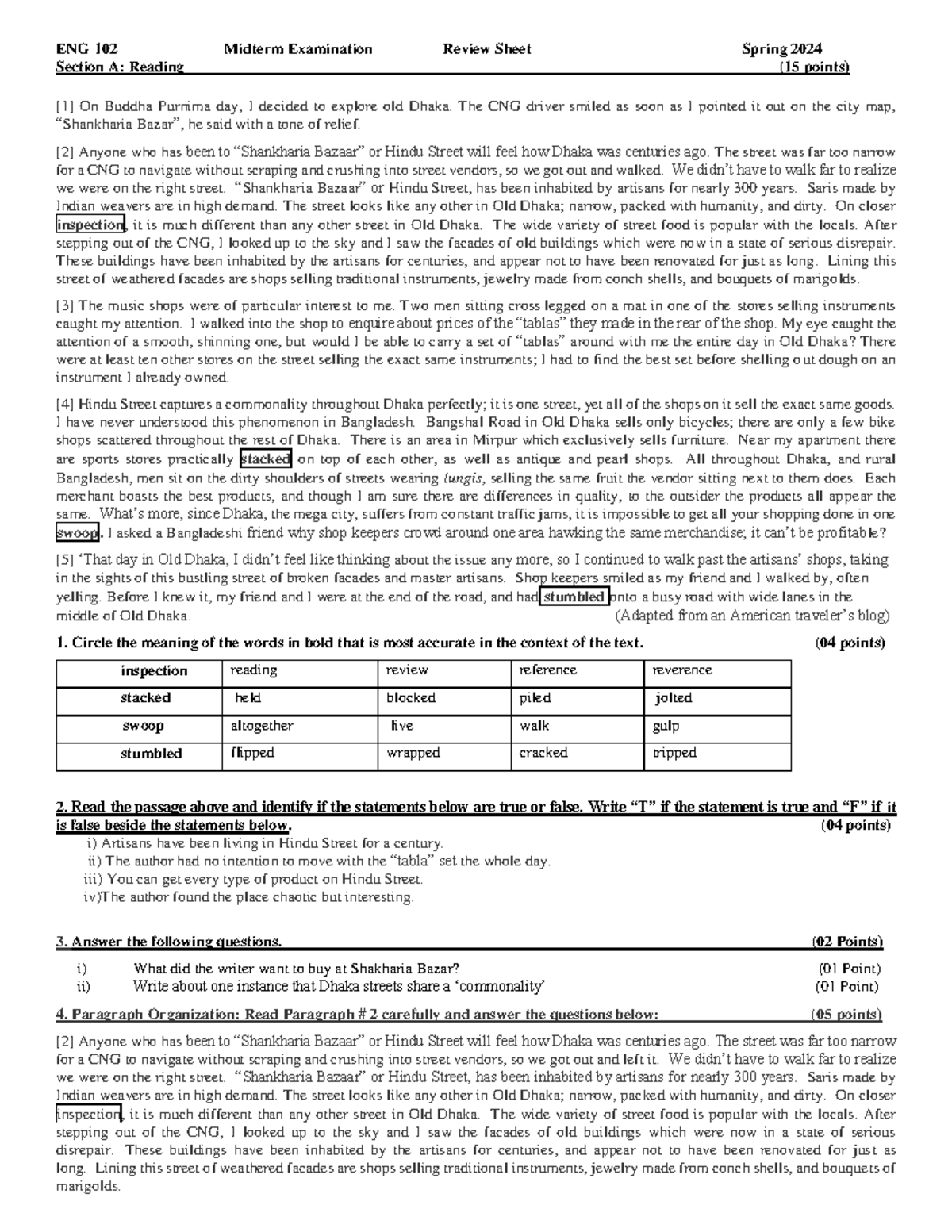 Midterm Review-Spring-2024-1 - ENG 102 Midterm Examination Review Sheet Spring 2024 Section A ...