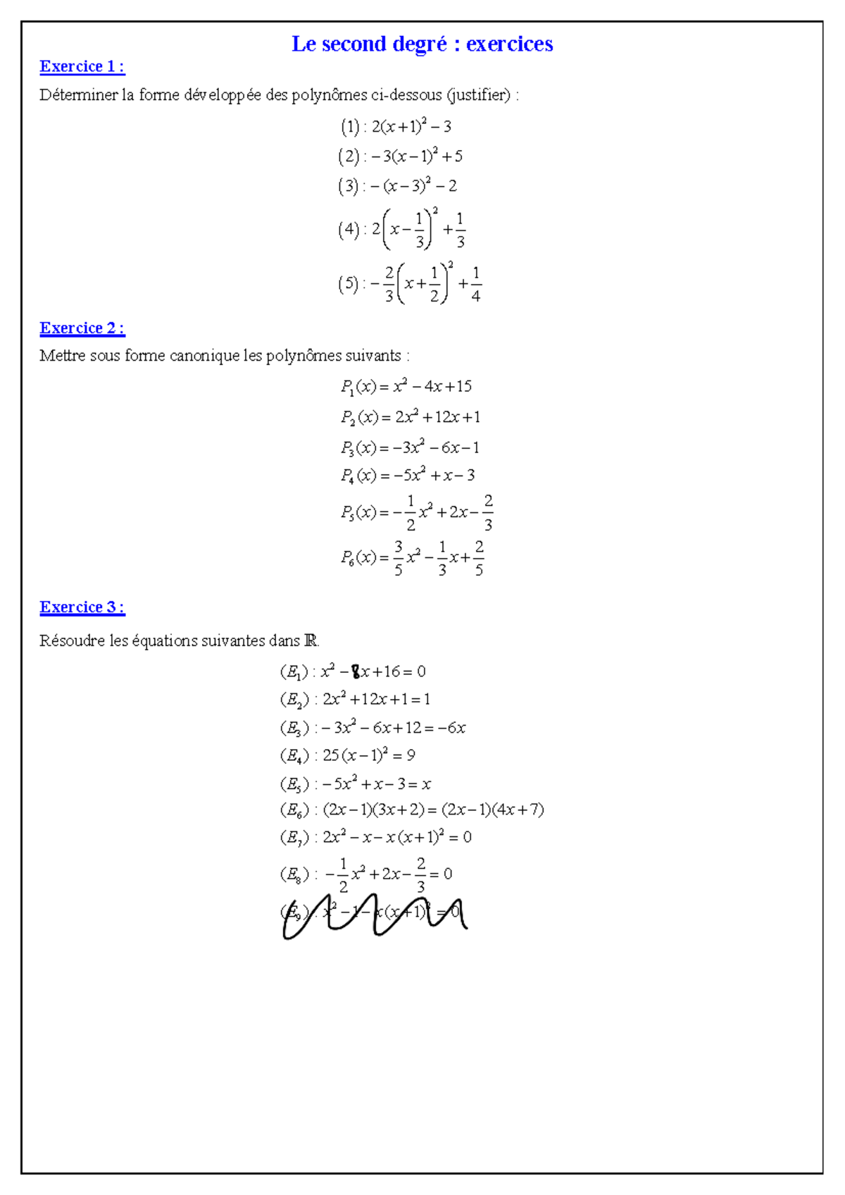 Feuille exercices Le second degre revisions - Le second degré ...