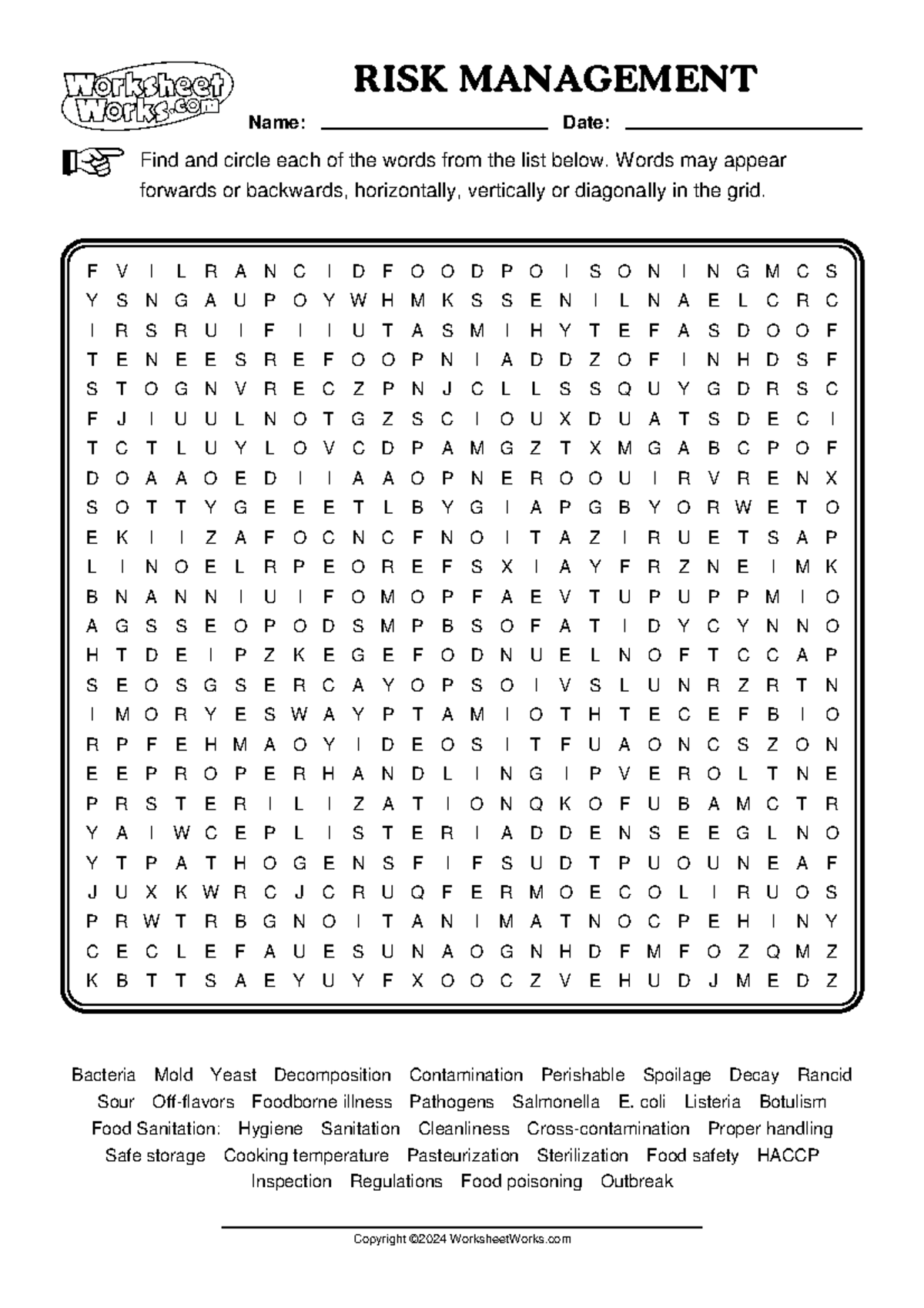 Worksheet Works RISK Management 1 - V Find and circle each of the words ...