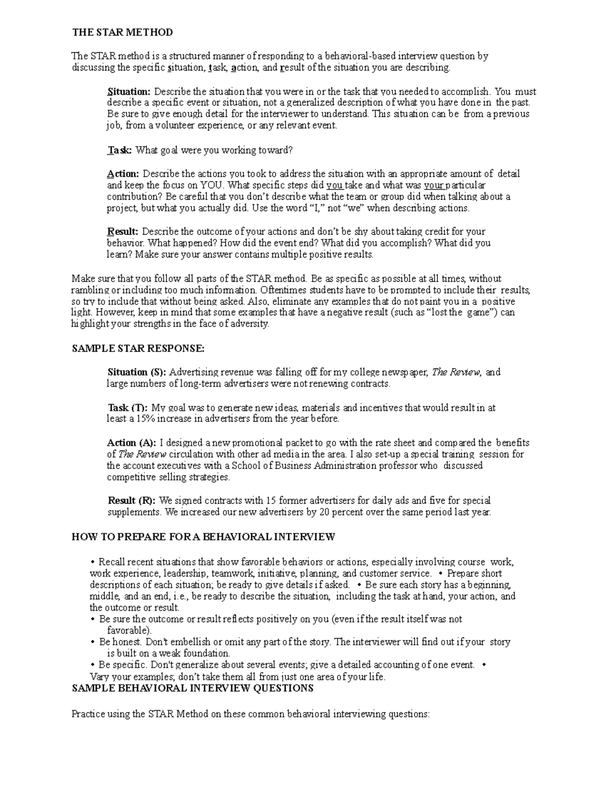 STAR Method Interviews - THE STAR METHOD The STAR method is a ...