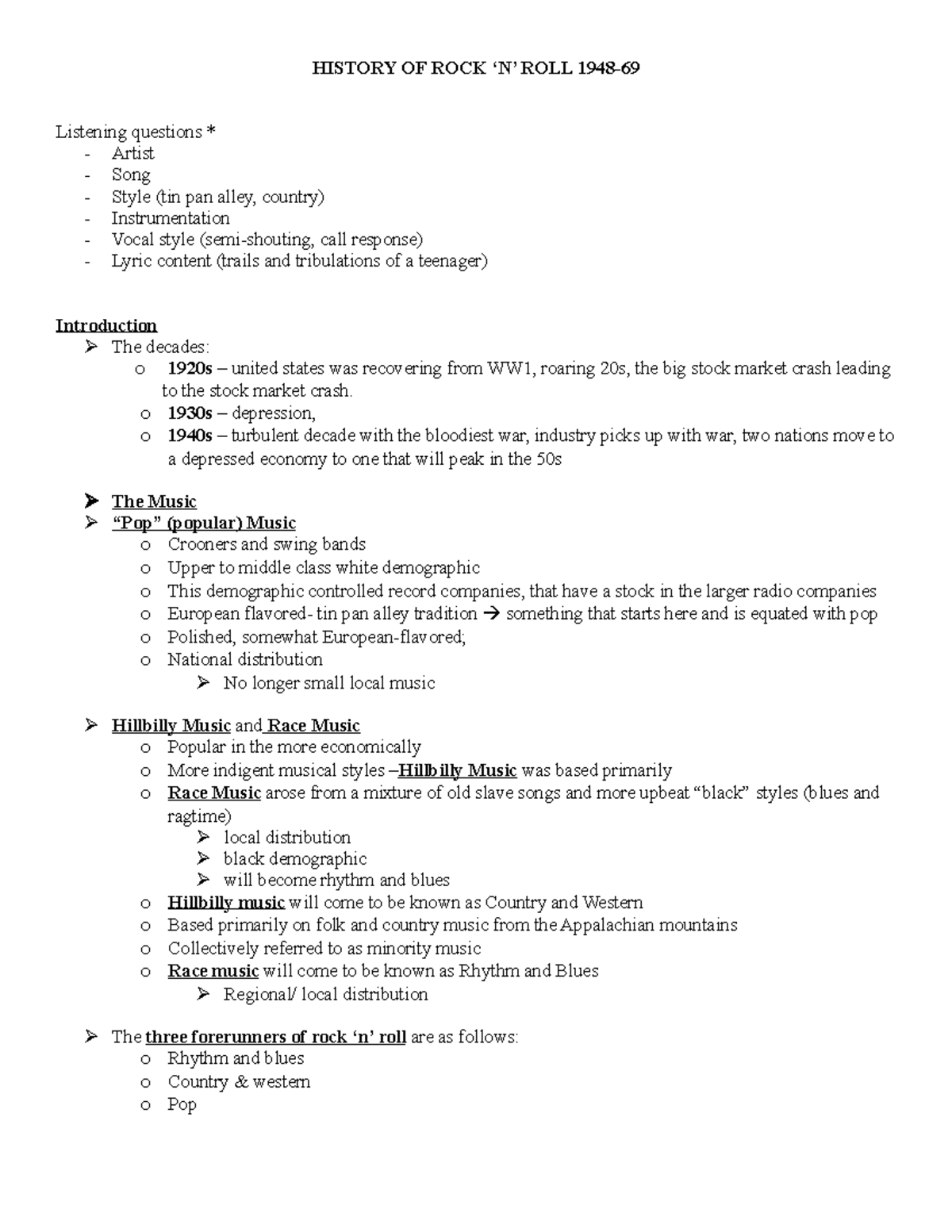 Class Notes - 1 - Instructor Josh Davis - HISTORY OF ROCK ‘N’ ROLL 1948 ...