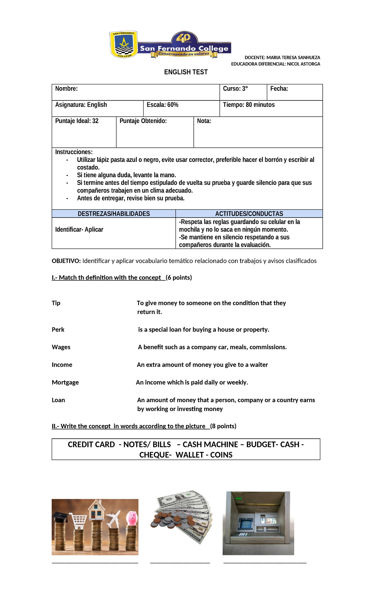 PIE Test 3° medios March - EDUCADORA DIFERENCIAL: NICOL ASTORGA ENGLISH ...