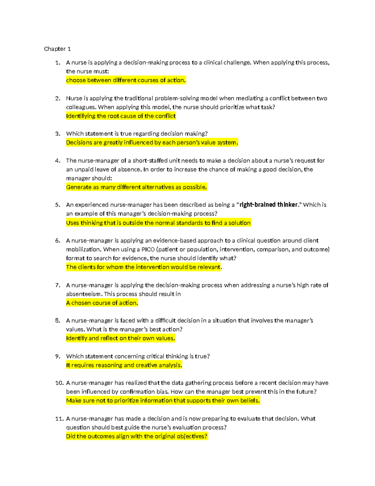 Leadership study guide questions TEST1 - Chapter 1 1. A nurse is ...