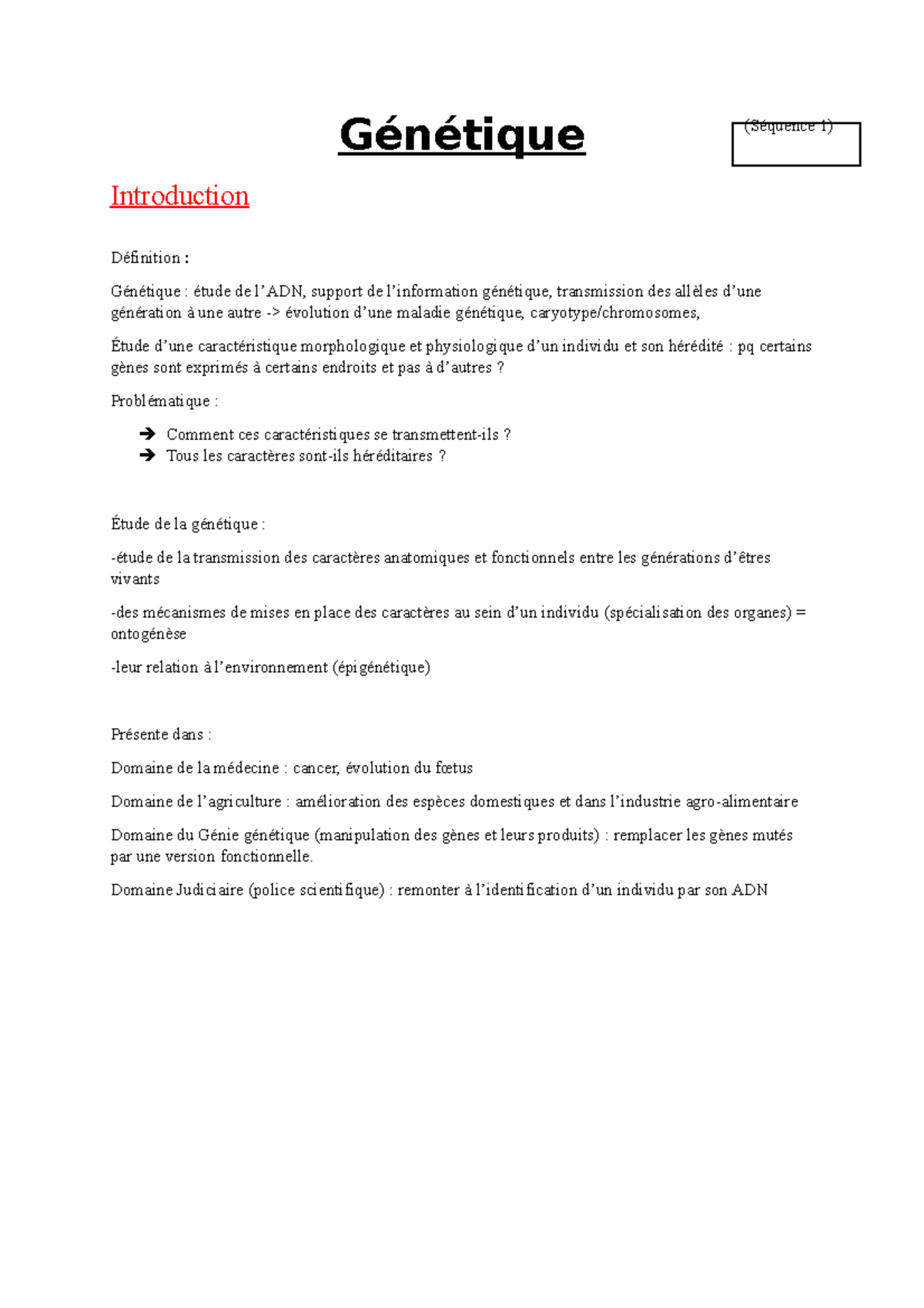 Cours Génétique I 2019-2020 - Génétique Introduction Définition ...