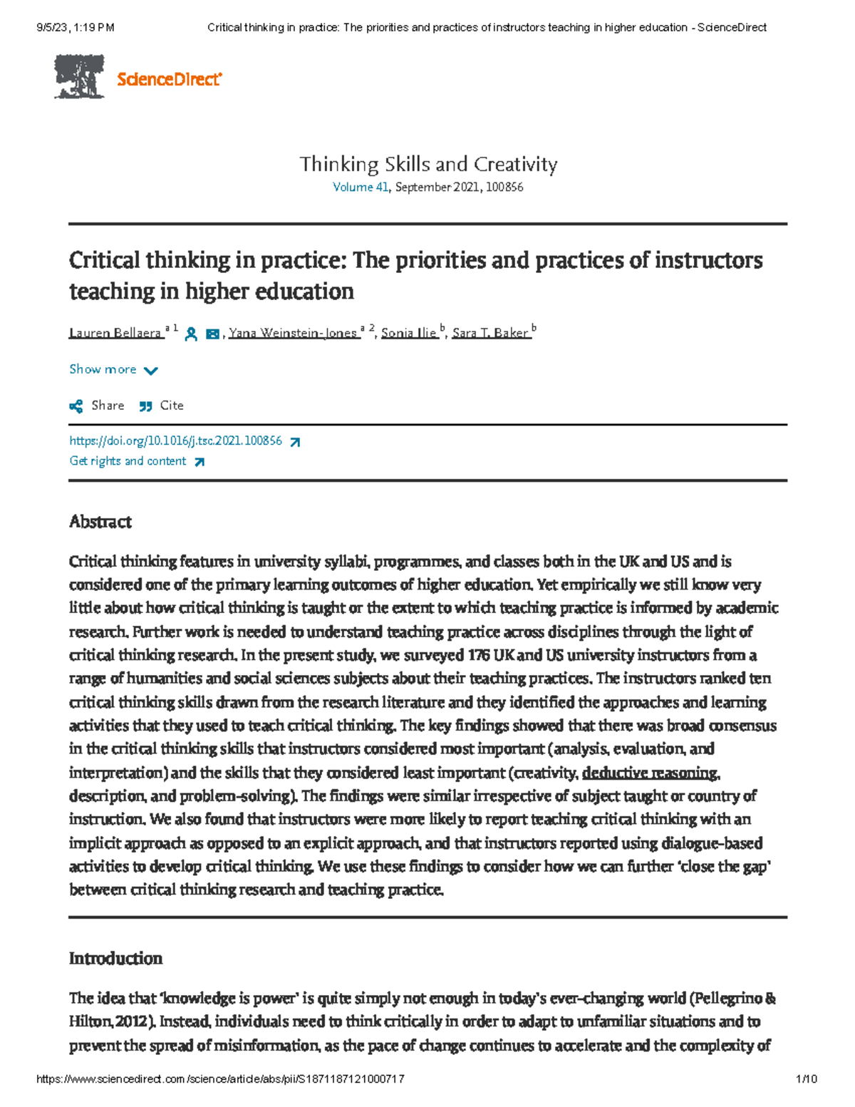 Critical thinking in practice The priorities and practices of ...