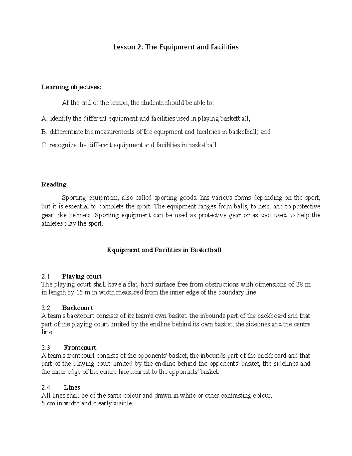 Lesson-2- Basketball - Lesson 2: The Equipment and Facilities Learning ...