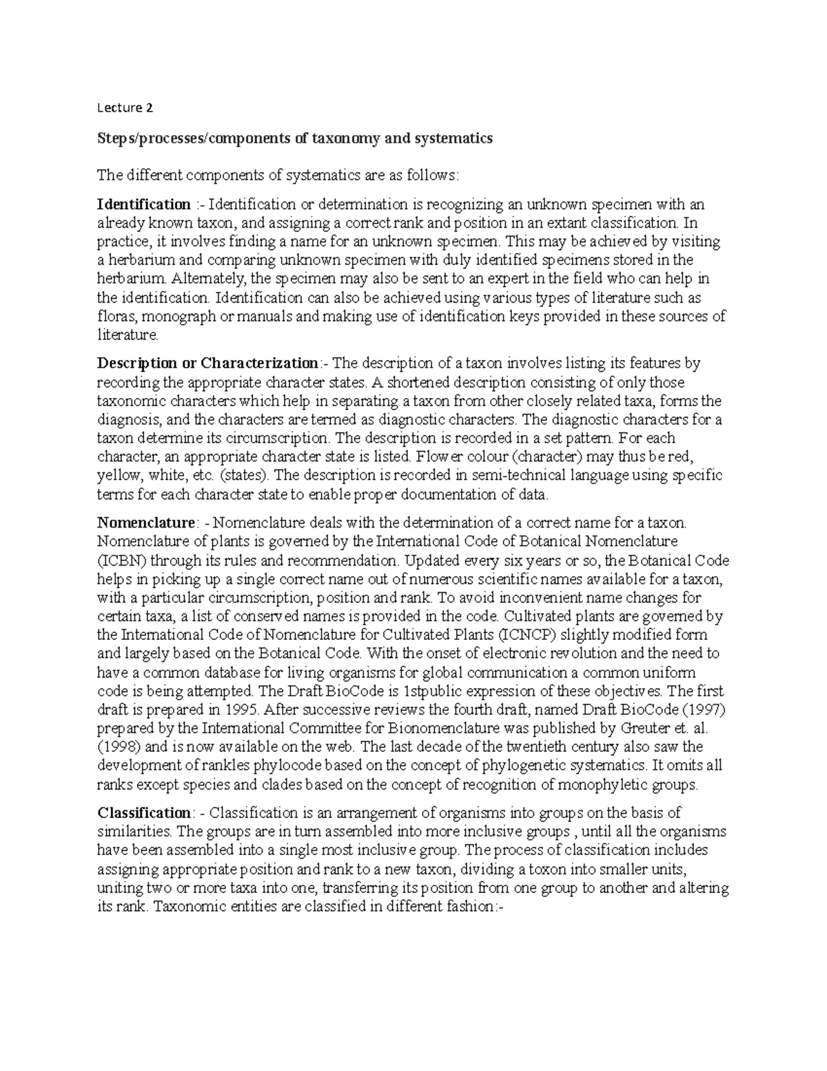 Lecture 2 - nice course material - Lecture 2 Steps/processes/components of taxonomy and ...