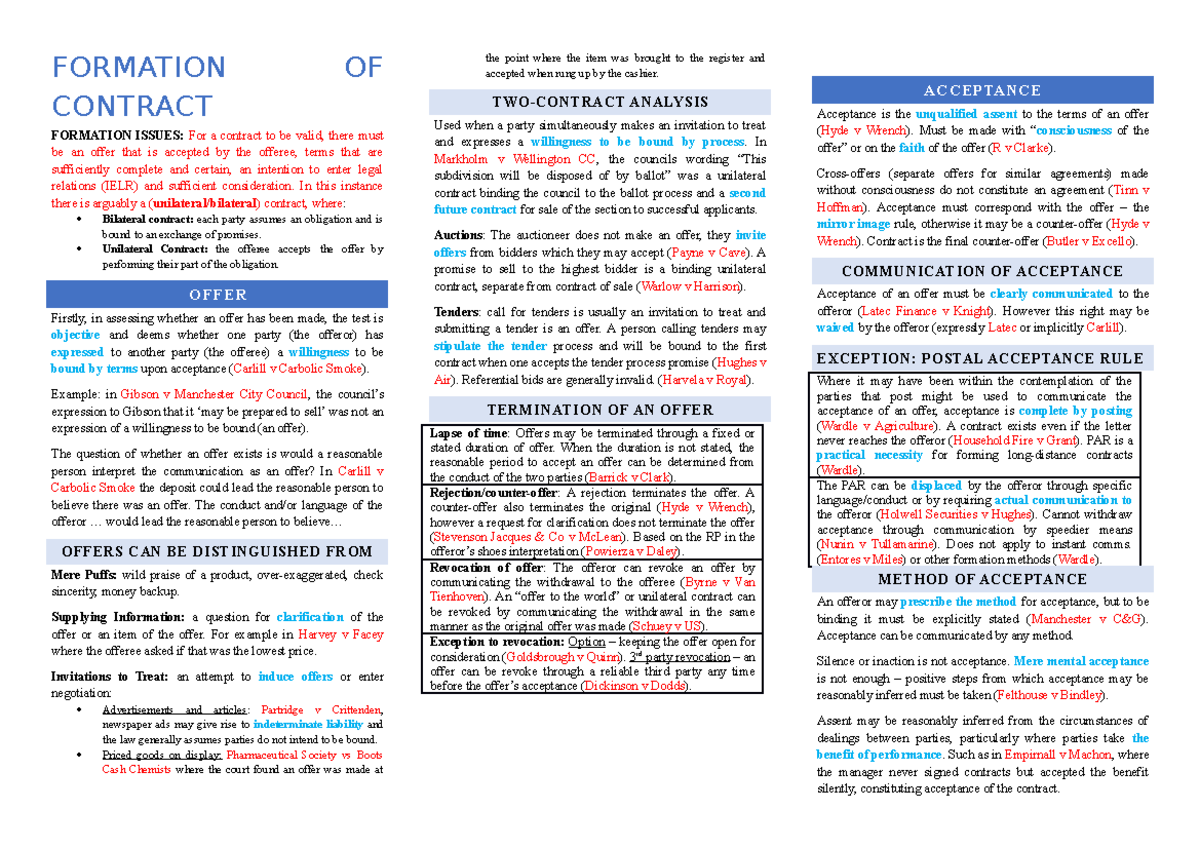 Contracts A Template - FORMATION OF CONTRACT FORMATION ISSUES: For a ...