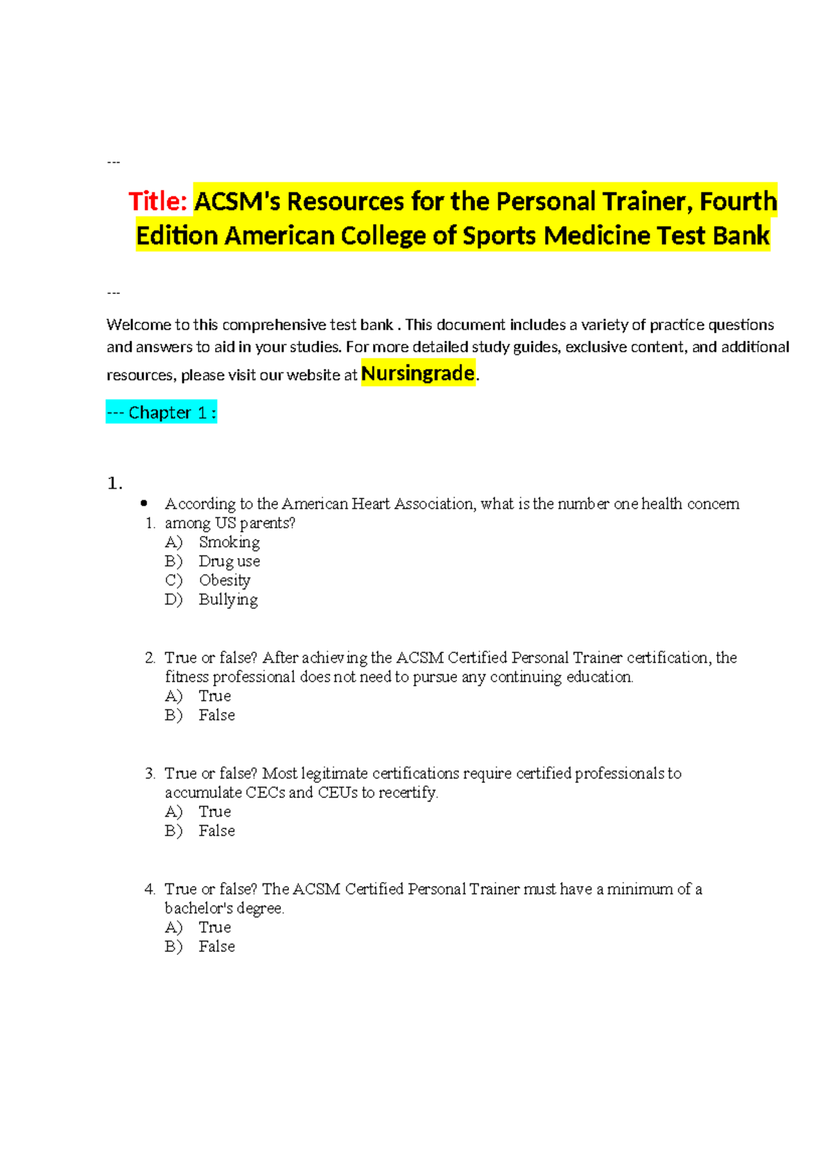 ACSM's Resources for the Personal Trainer, Fourth Edition American ...
