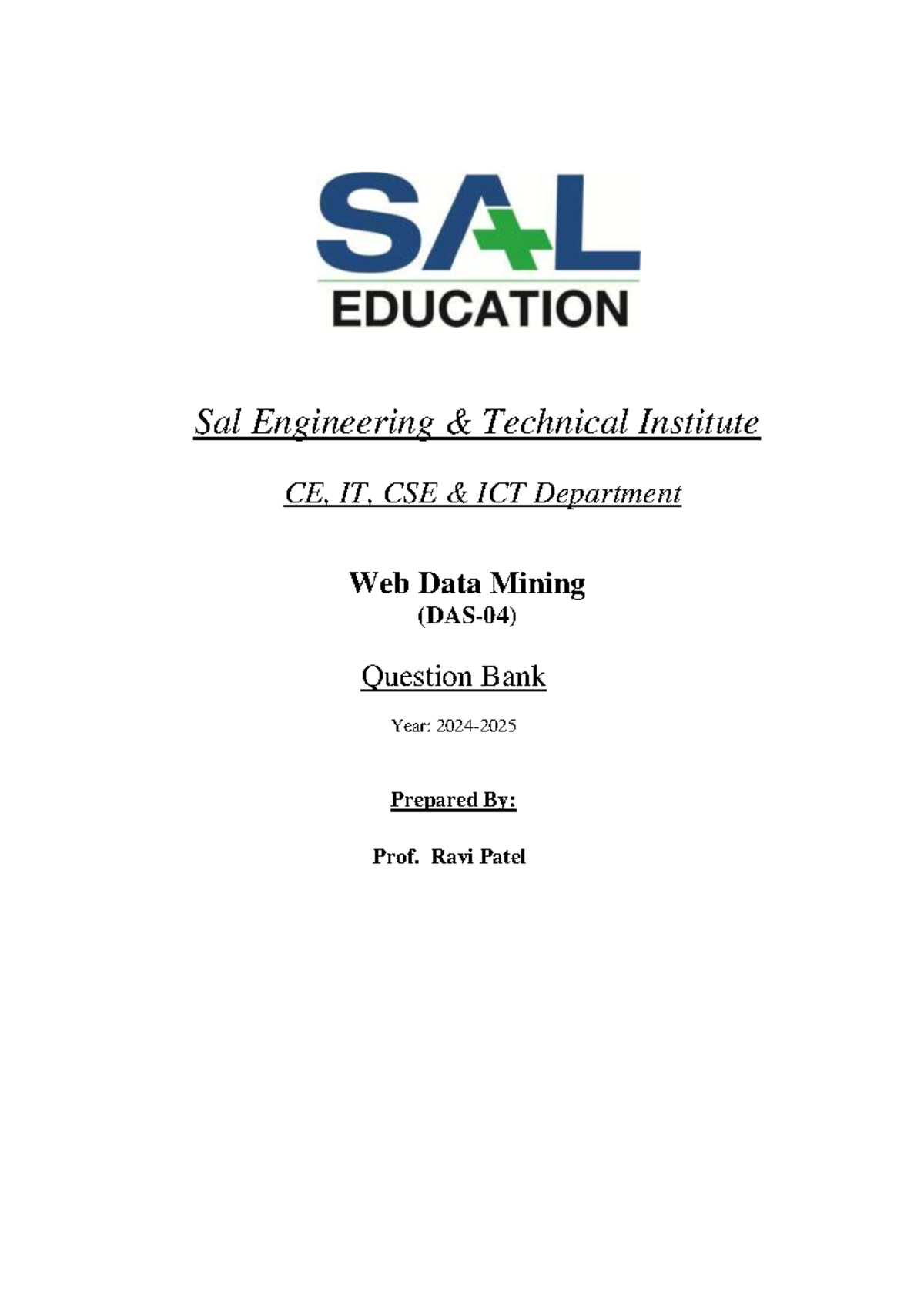 Web mining question Bank - Data science - Sal Engineering & Technical ...