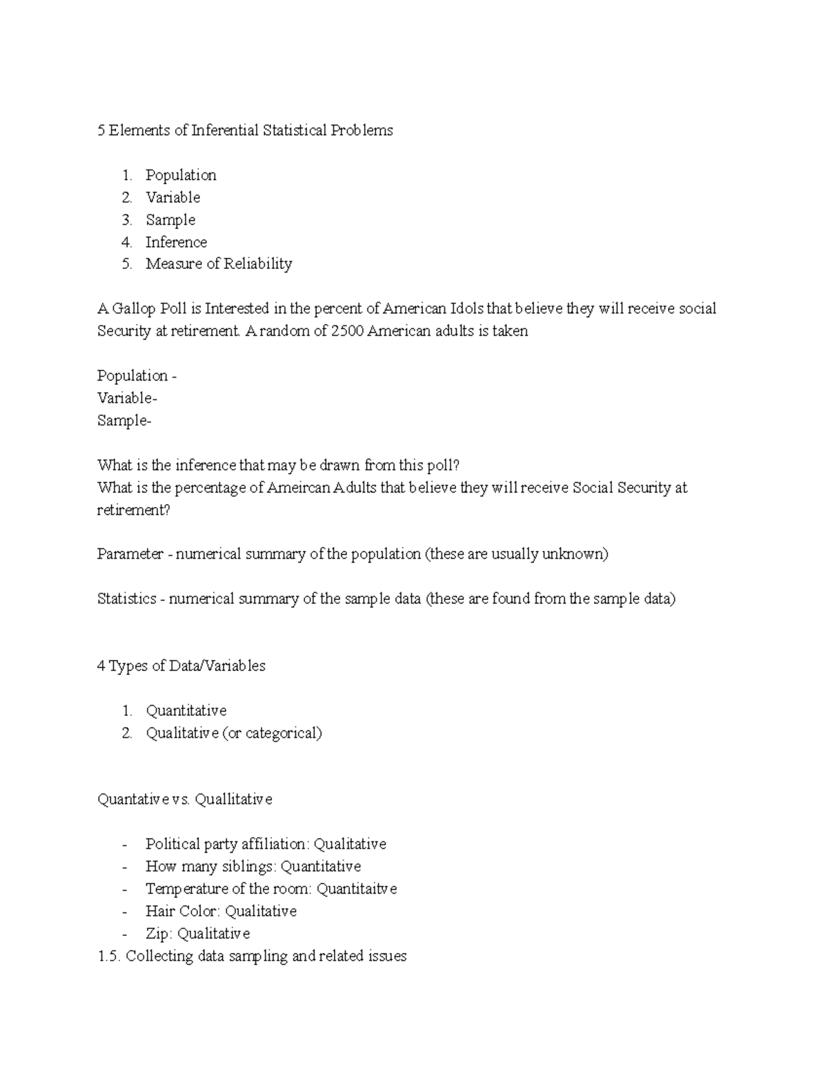 Stats Methods Notes 5 Elements Of Inferential Statistical Problems 1 Population 2 Variable3