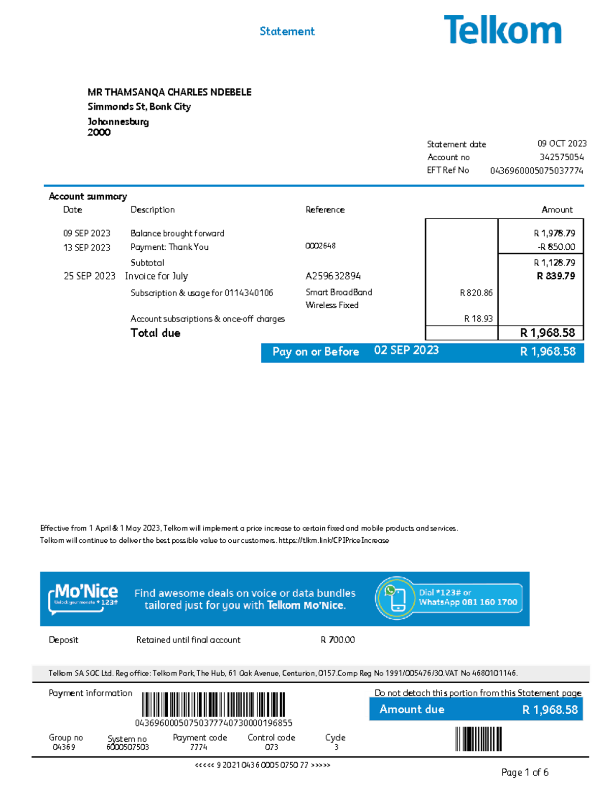 Telkom Invoice 342575054 Brenda - Statement Statement date Account no ...