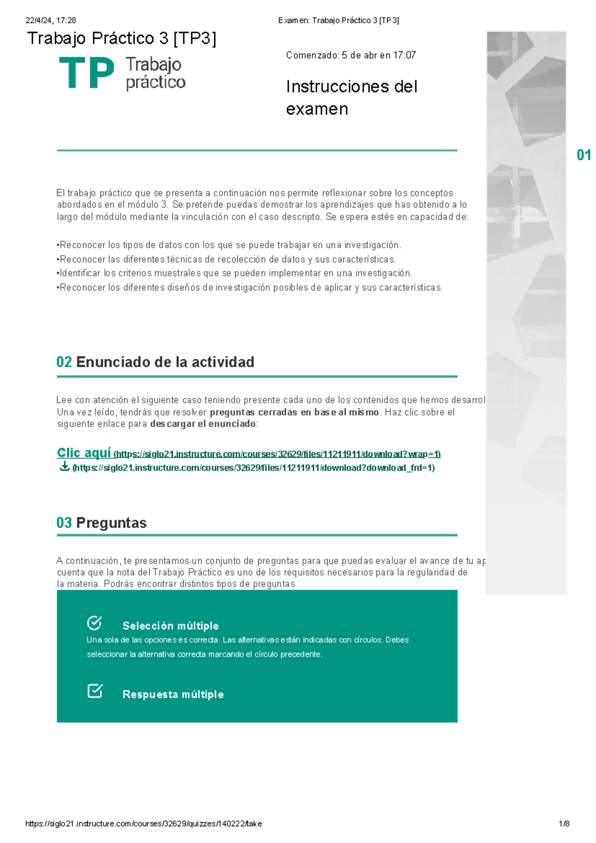 TP3 My TIS 93% - Trabajo Práctico 3 [TP3] Comenzado: 5 de abr en 17: Instrucciones del examen 01 ...