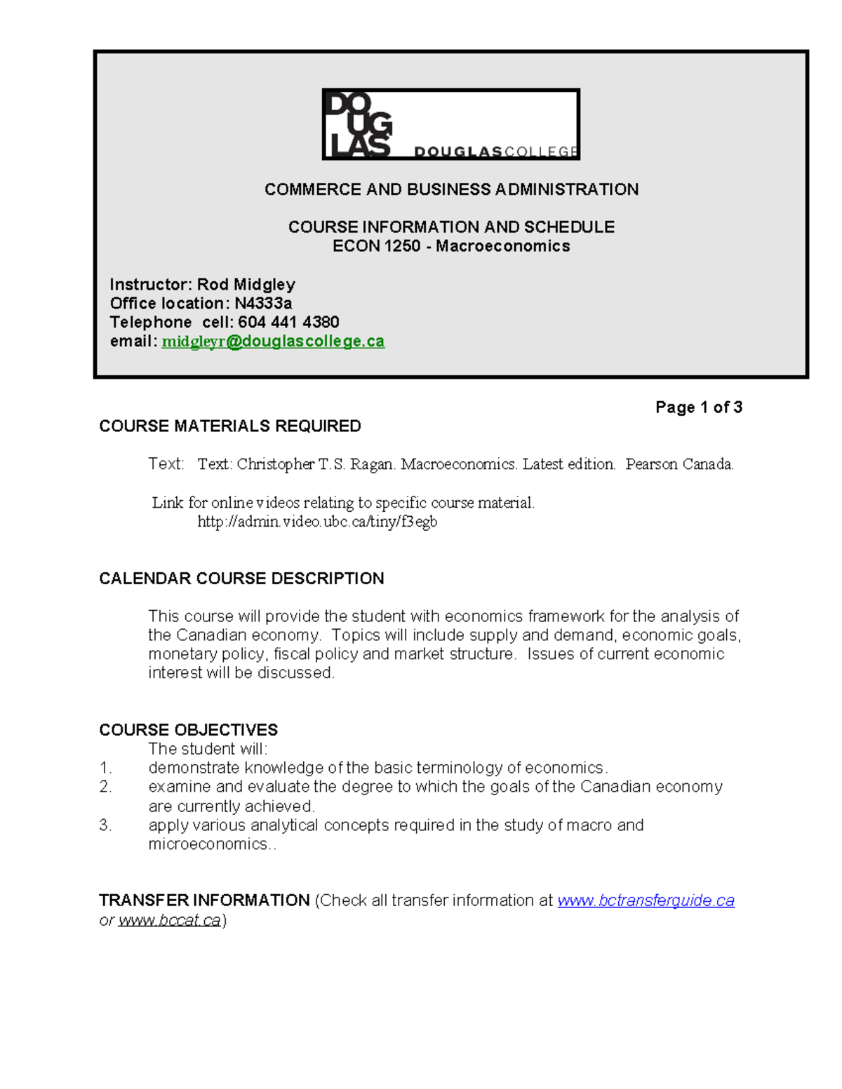 Econ 1250 Course outline - COMMERCE AND BUSINESS ADMINISTRATION COURSE ...
