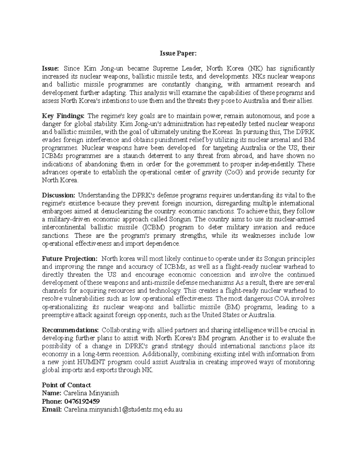 PICT 2010 Intelligence paper-2 - Issue Paper: Issue: Since Kim Jong-un ...