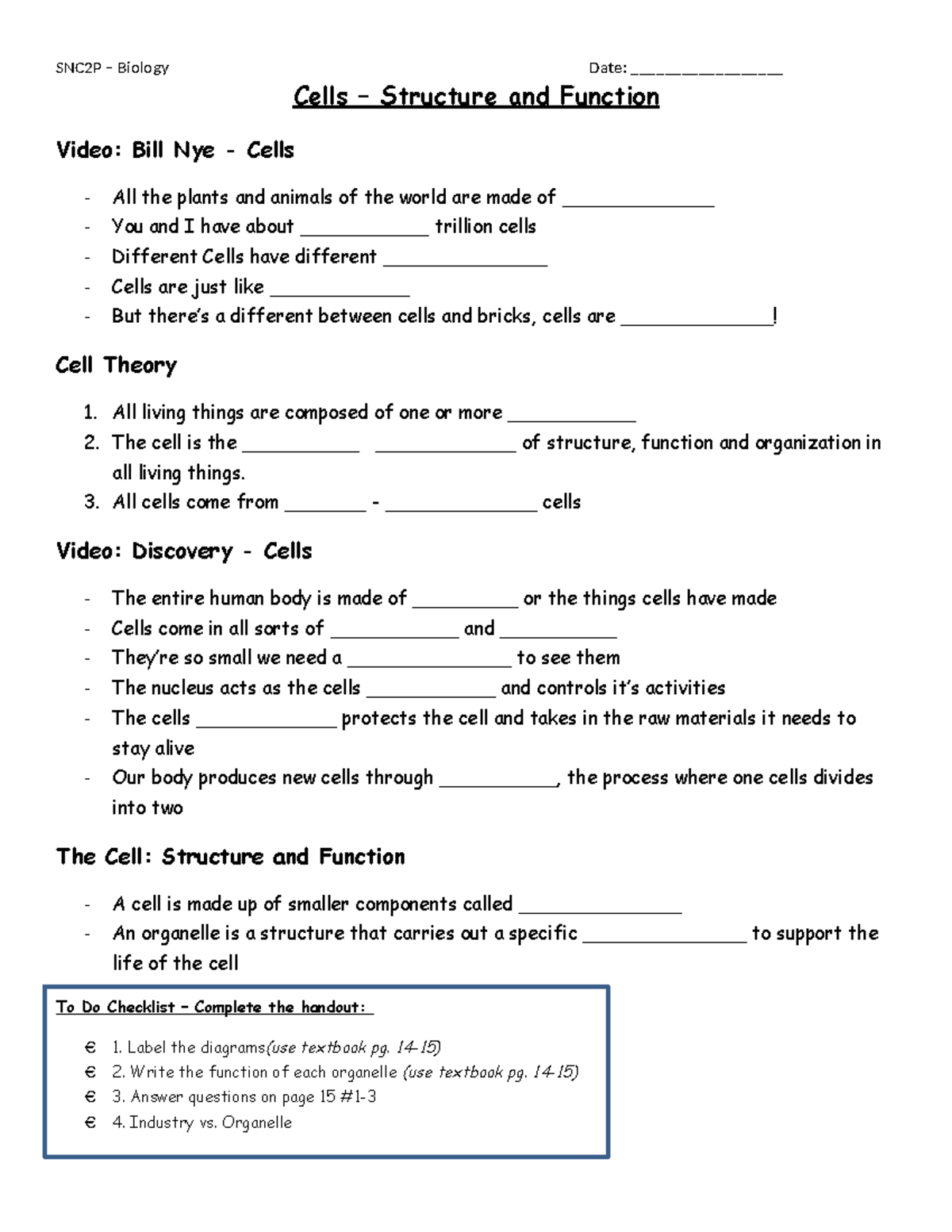 02 - Cells Note - Gr. 10 Chem - Cells – Structure and Function Video ...