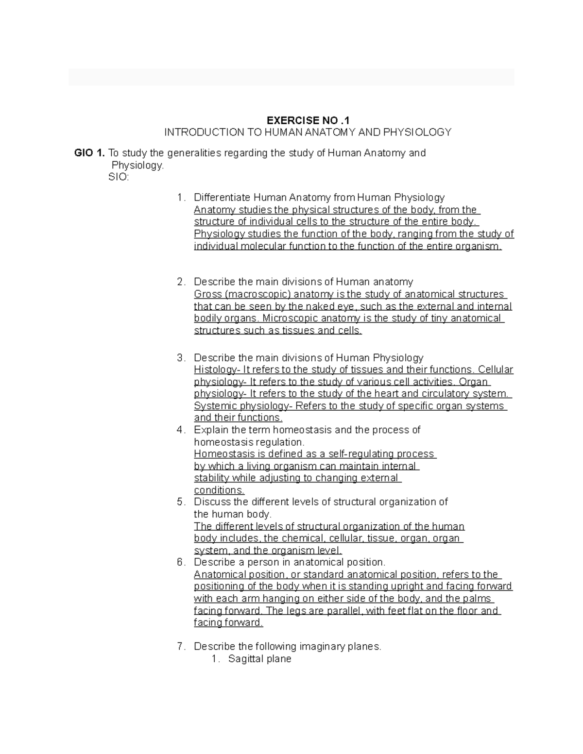 Anaphy assignment - EXERCISE NO. INTRODUCTION TO HUMAN ANATOMY AND ...