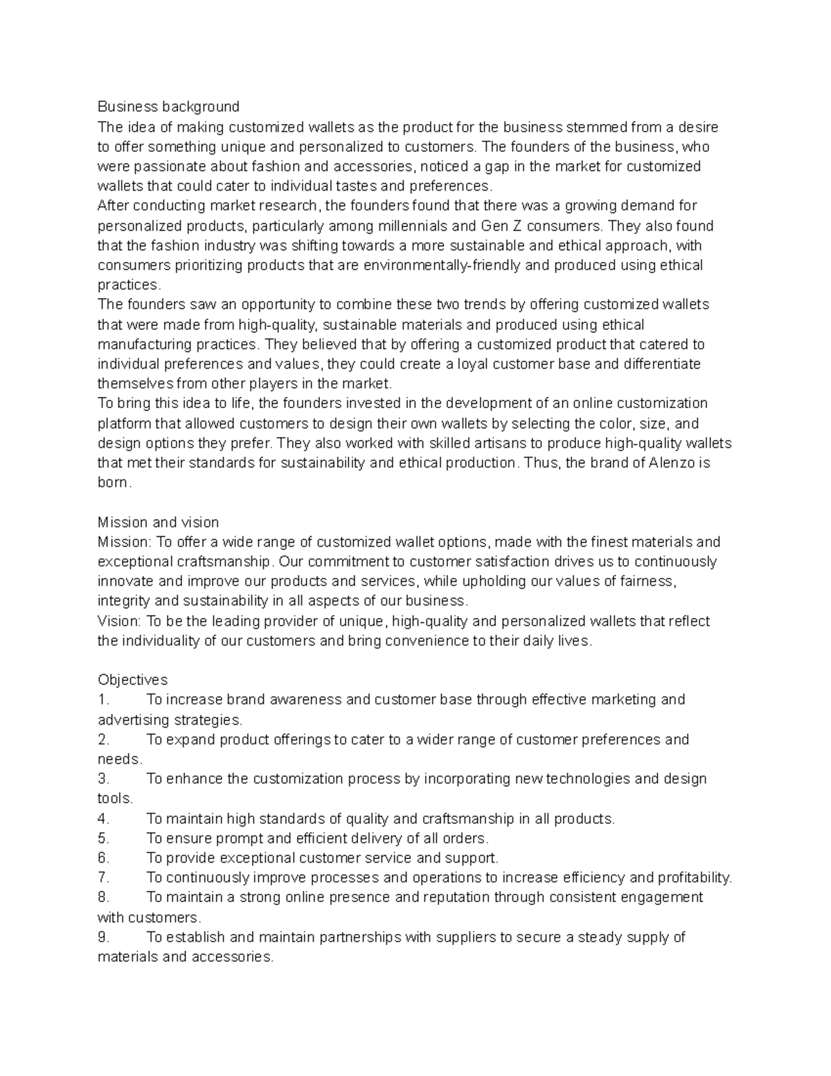 Business Plan - Business background The idea of making customized ...