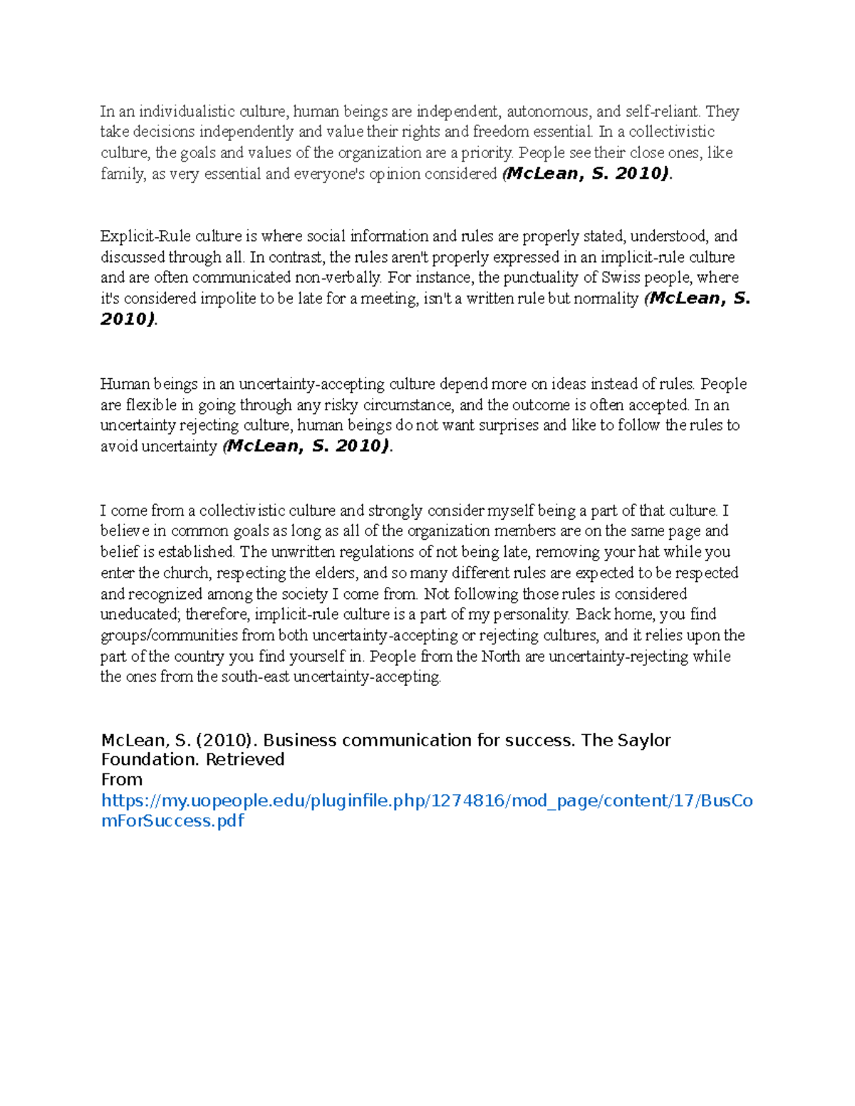 BUS 1105 written assignment unit 78 - In an individualistic culture ...