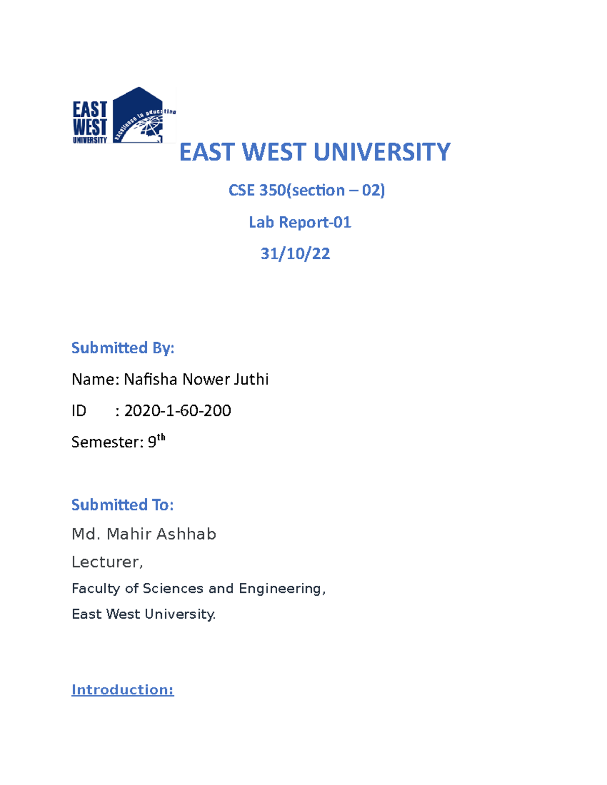 350Lab report - sender receiver code - EAST WEST UNIVERSITY CSE 350(section – 02) Lab Report- 31 ...