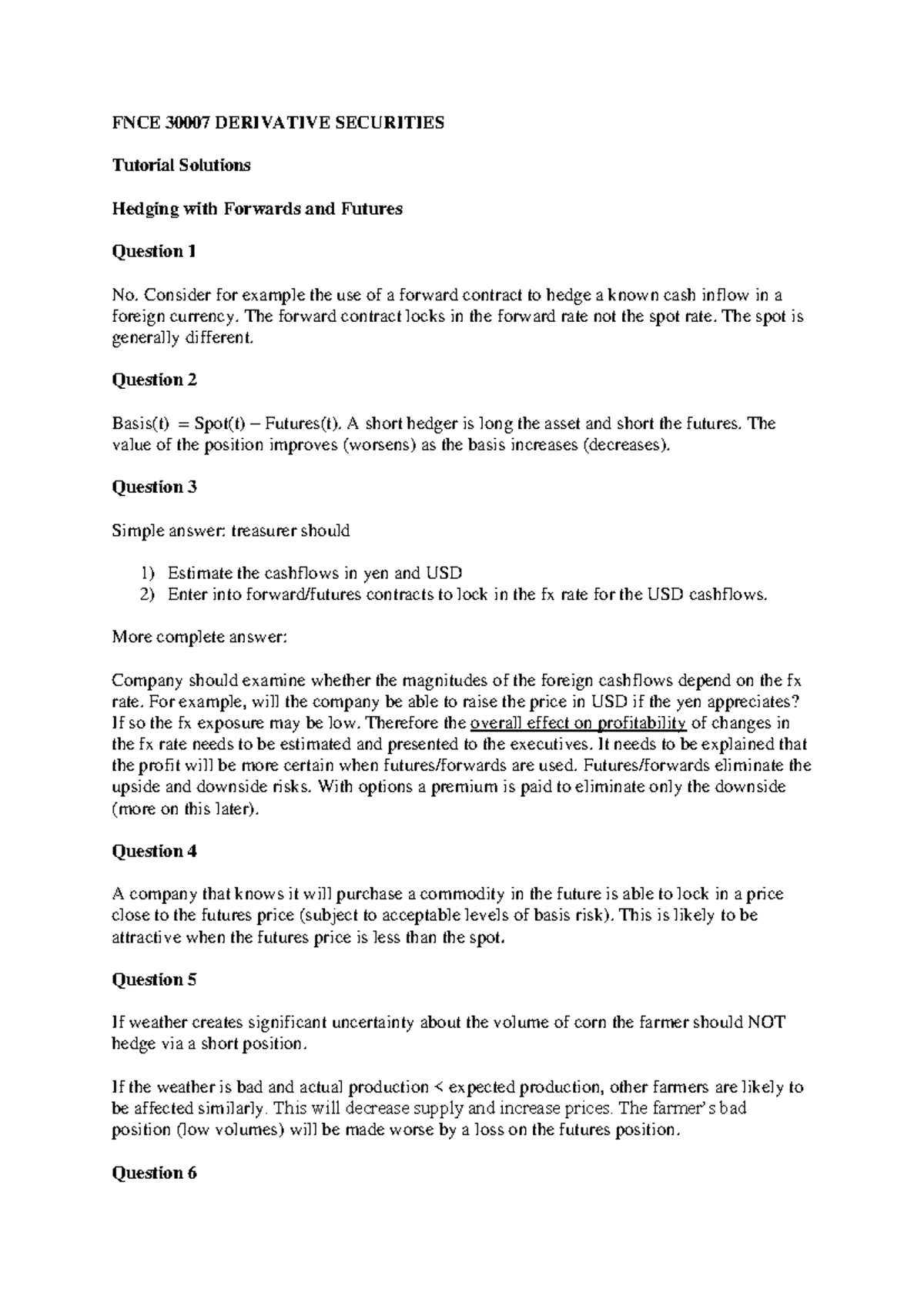 Tutorial 2 solutions - FNCE 30007 DERIVATIVE SECURITIES Tutorial ...