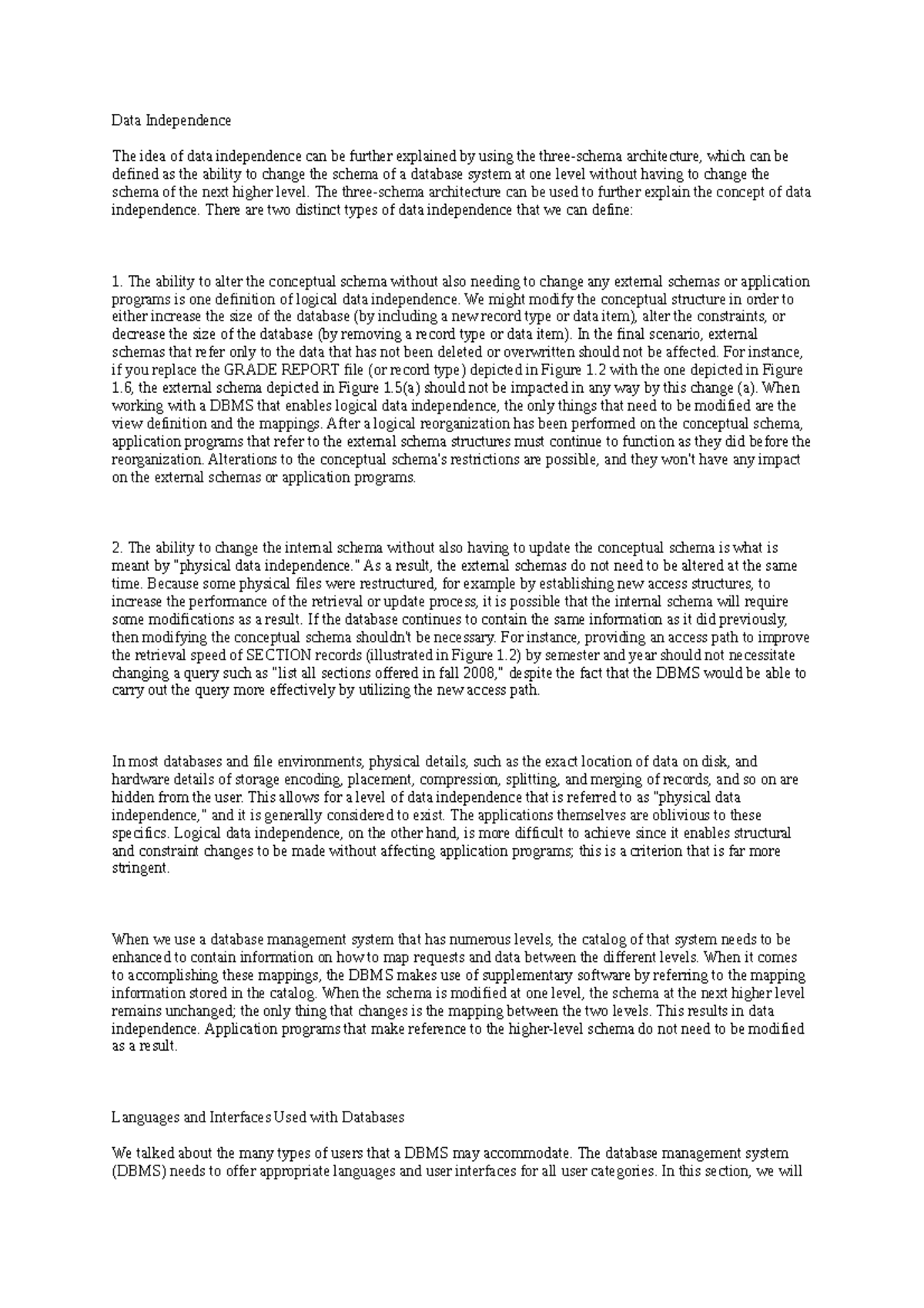 Lecture 3 Database System Concepts And Architecture Data Independence