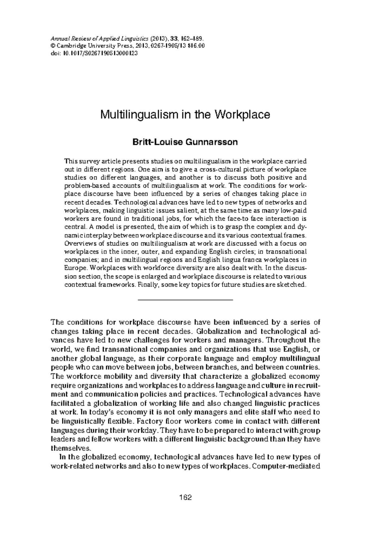 Multilingualism in the workplace - Annual Review of Applied Linguistics ...