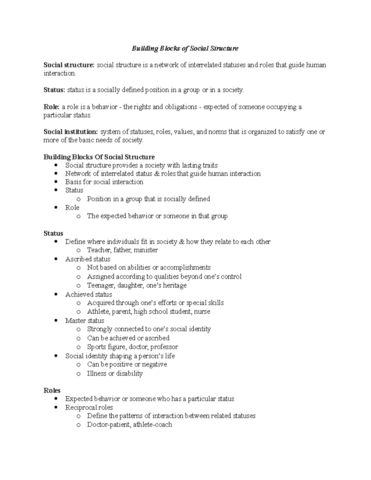 Sociology - Notes - Building Blocks of Social Structure Social ...