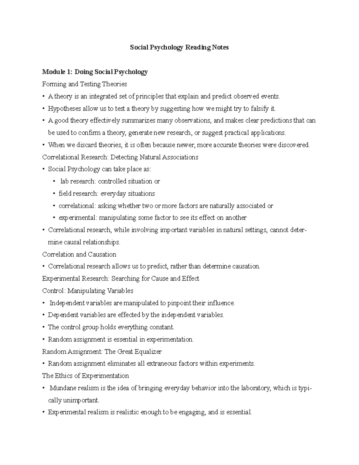 Psych Reading Notes WORD - Social Psychology Reading Notes Module 1 ...