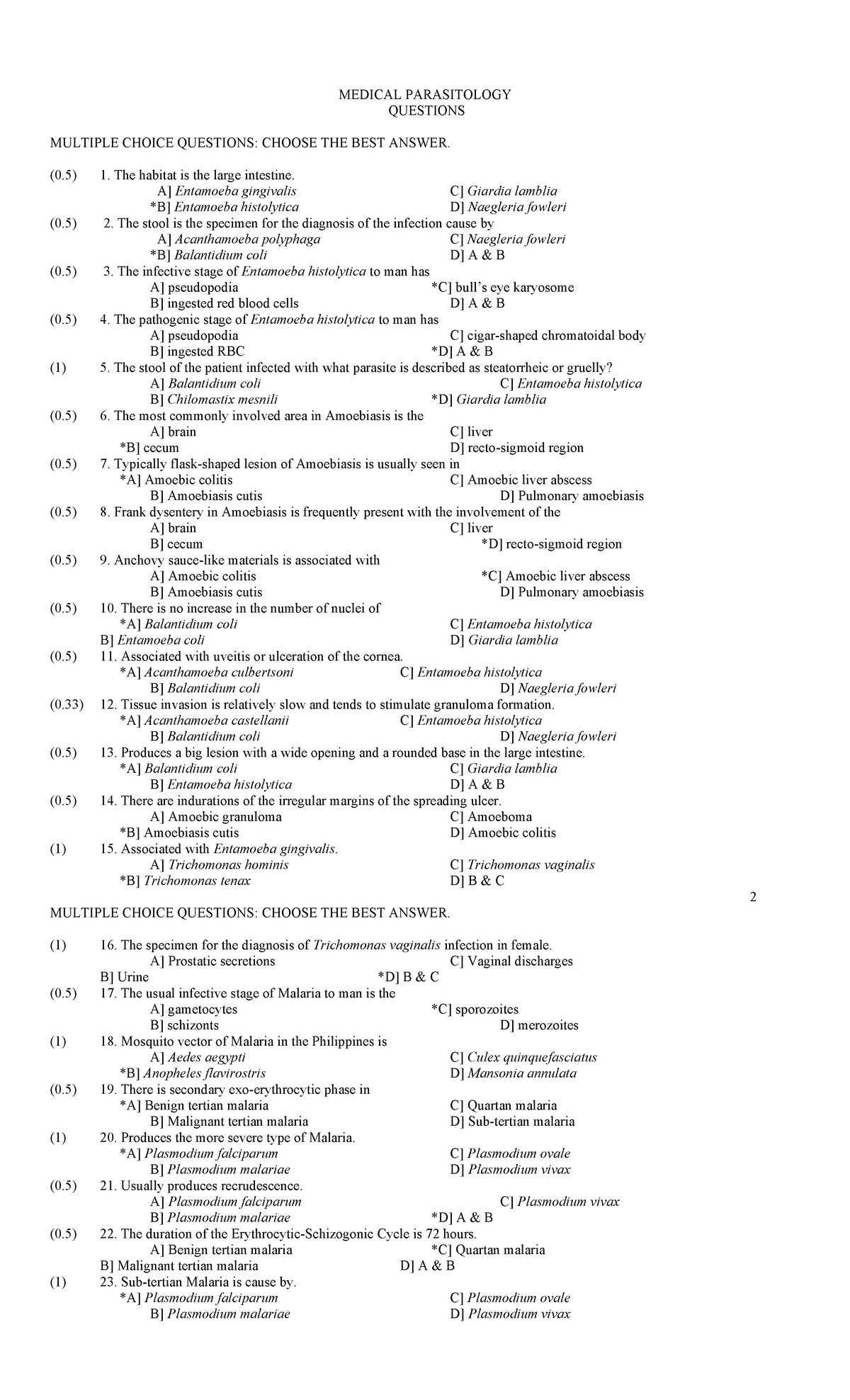230943723 Medical Parasitology Questions - MEDICAL PARASITOLOGY QUESTIONS MULTIPLE CHOICE ...