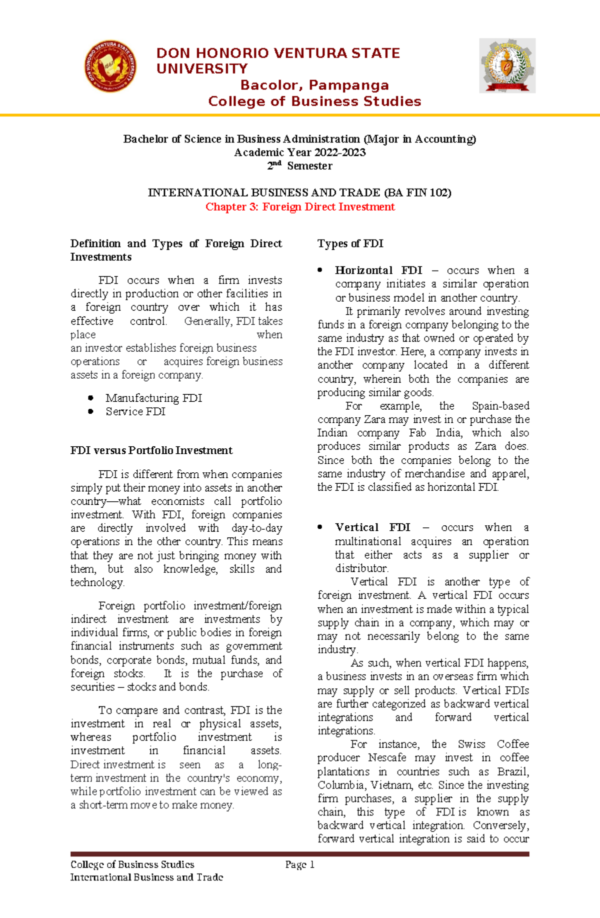 Chapter 3 (Foreign Direct Investment) - Bachelor of Science in Business ...