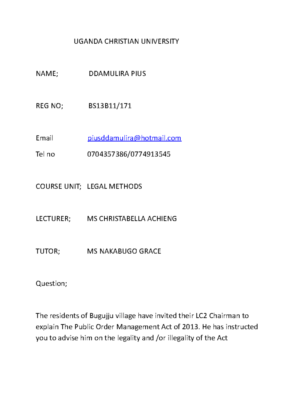 Sample legal writing - Detailed - UGANDA CHRISTIAN UNIVERSITY NAME ...