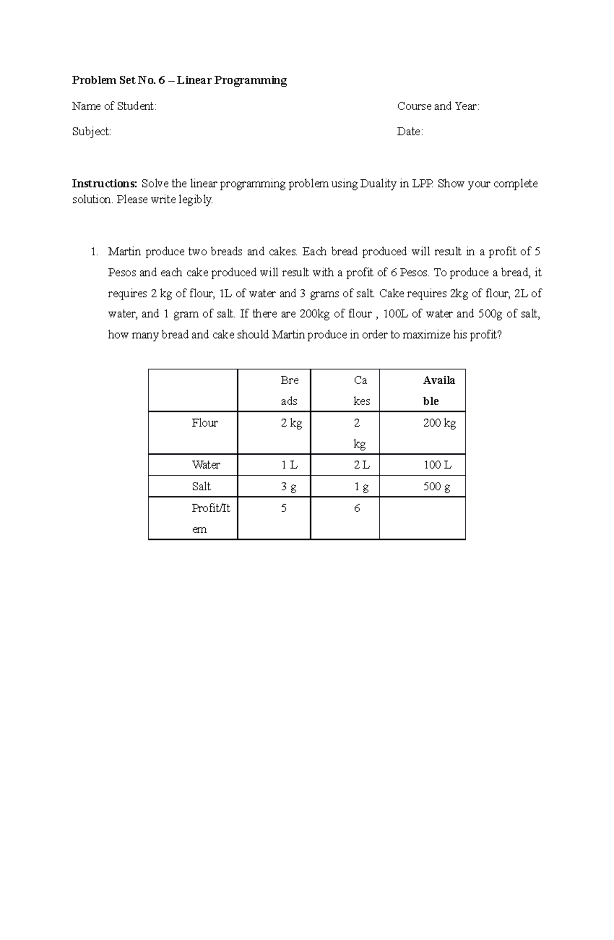 Problem Set No. 6 - Duality in LP - Problem Set No. 6 – Linear ...