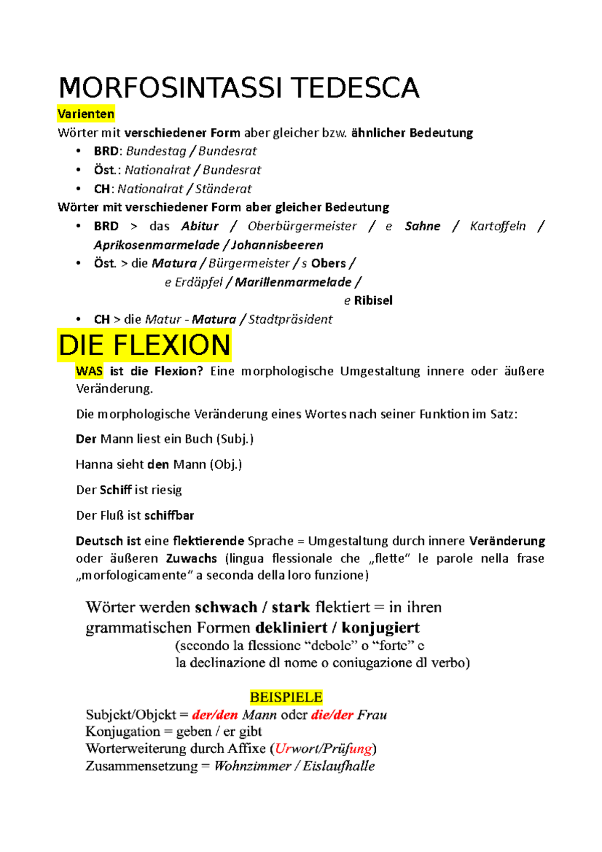 Morfosintassi Tedesca 2 - MORFOSINTASSI TEDESCA Varienten Wörter mit verschiedener Form aber ...