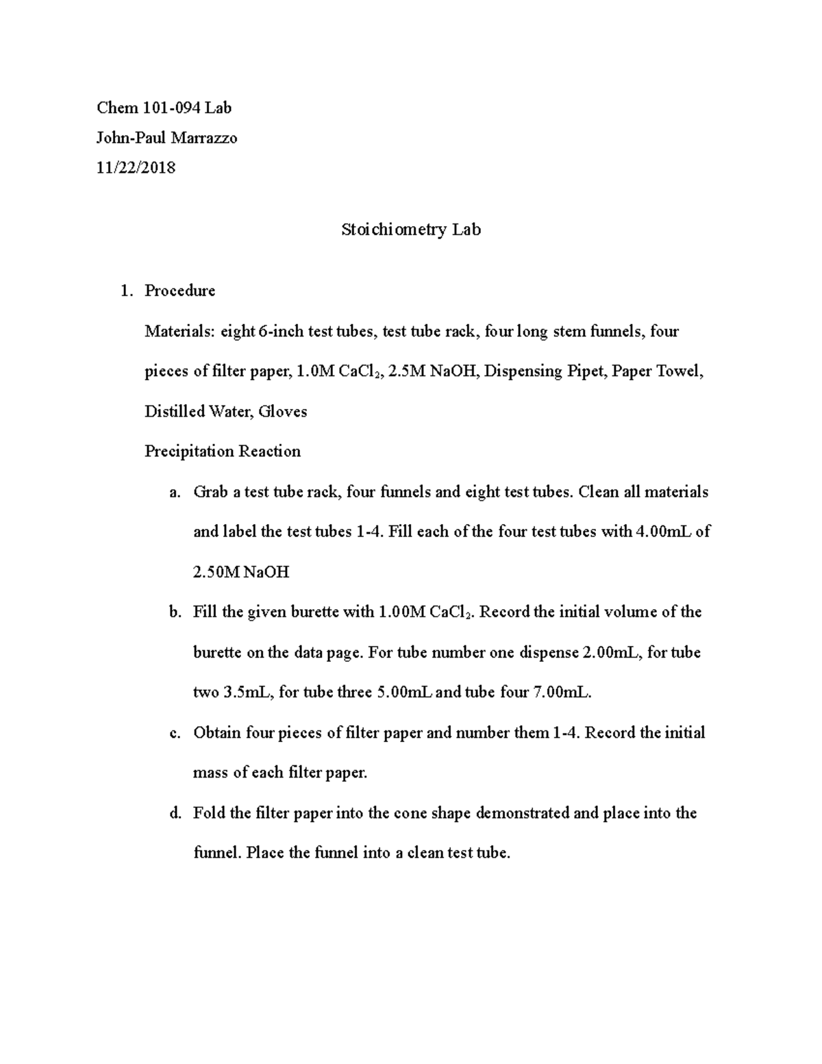 Chem Lab 4 - Chem Lab 4 - Chem 101-094 Lab John-Paul Marrazzo 11/22 ...