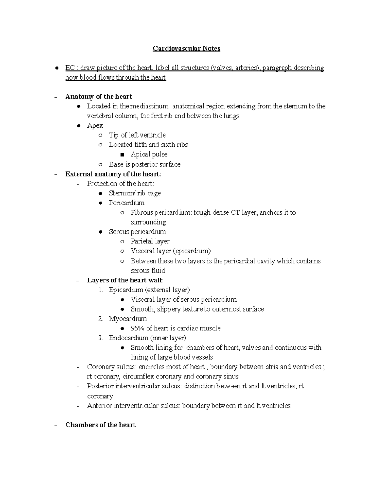Cardiovascular System Notes - Cardiovascular Notes EC : draw picture of ...