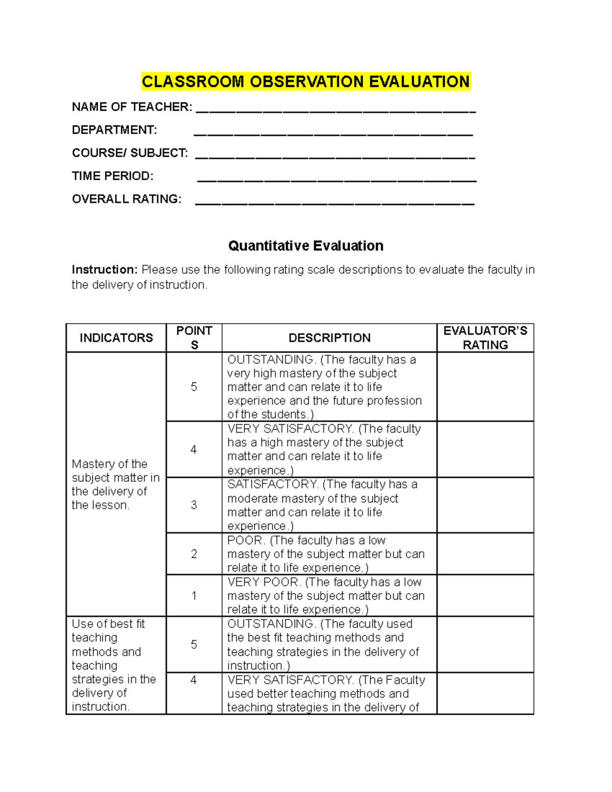 BCC Classroom Observation Evaluation - Survey of English and American ...