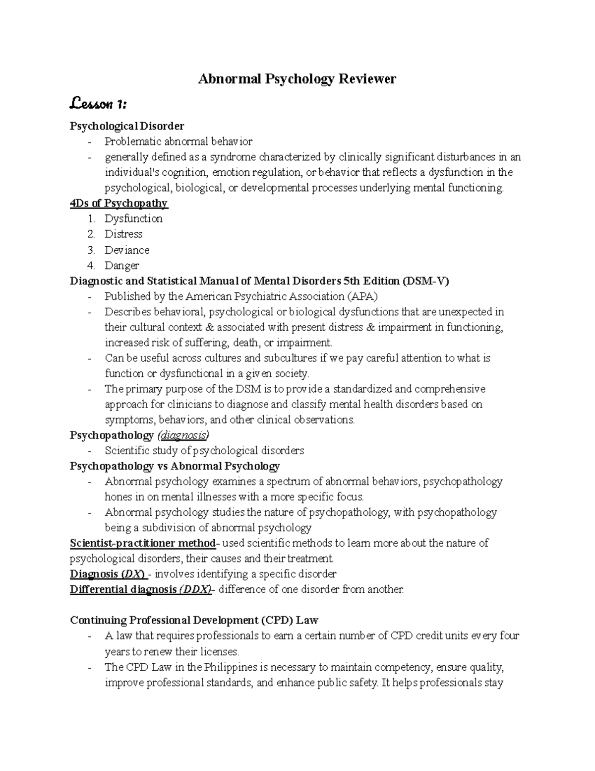 Abnormal Psych Lesson 1 Reviewer - Abnormal Psychology Reviewer Lesso 1 ...