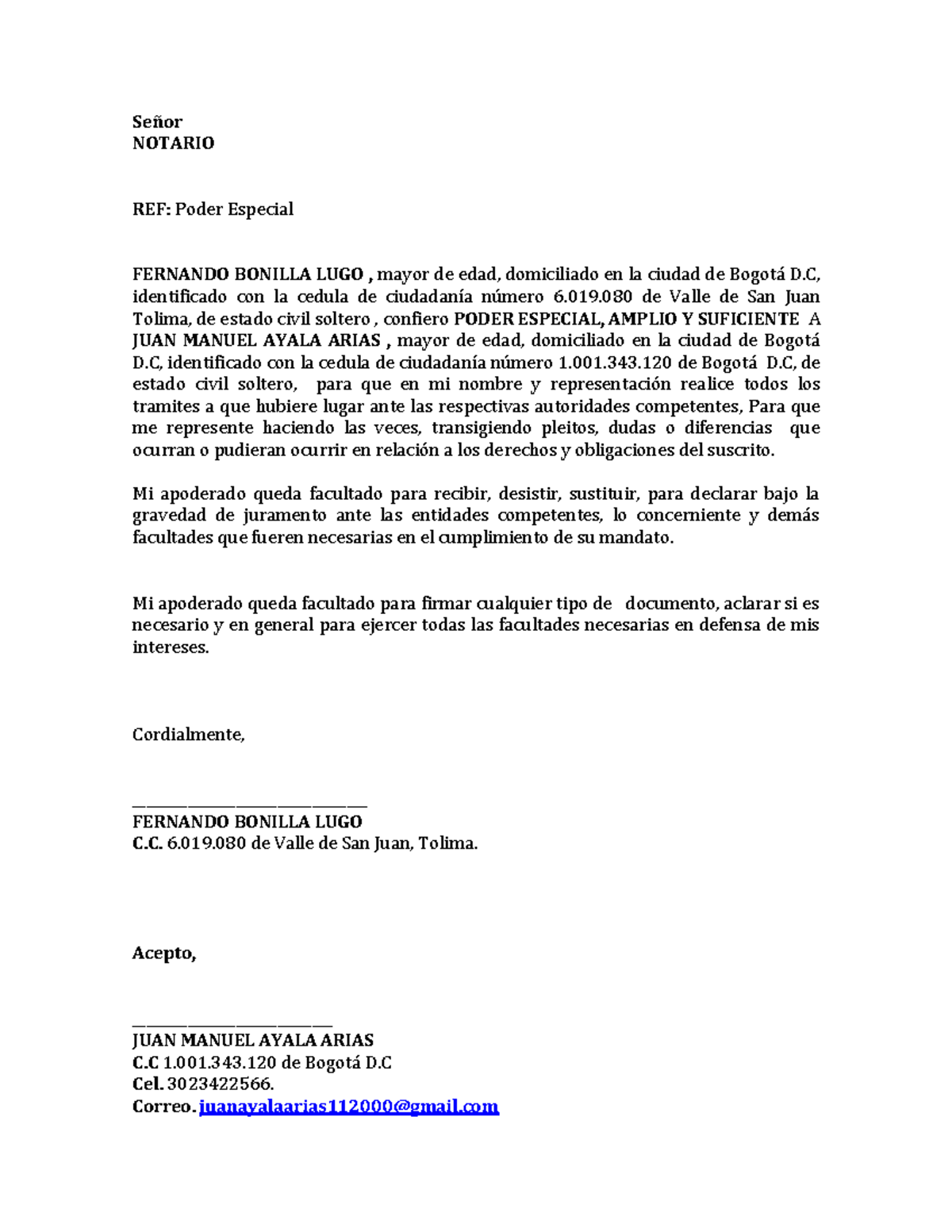 Poder Especial Fernando Bonilla 22 - SeÒor NOTARIO REF: Poder Especial ...