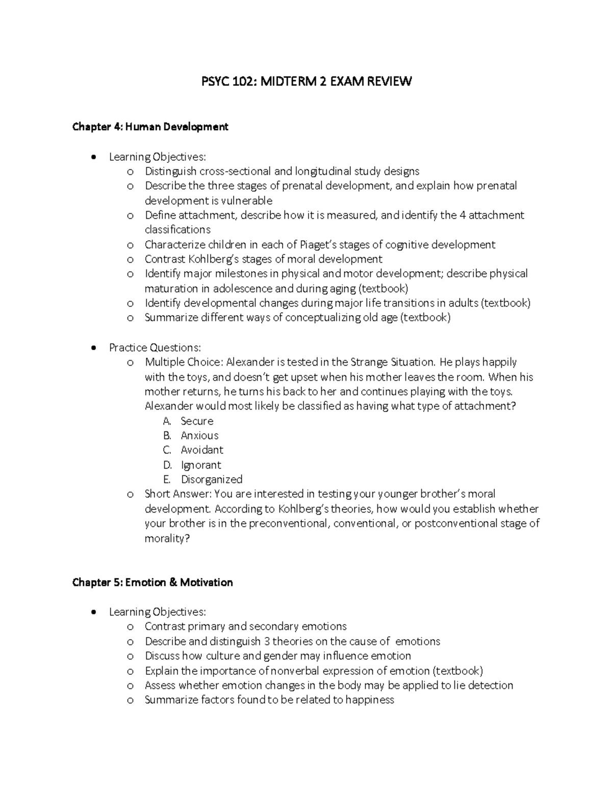 Midterm 2 Guide - PSYC 102: MIDTERM 2 EXAM REVIEW Chapter 4: Human ...