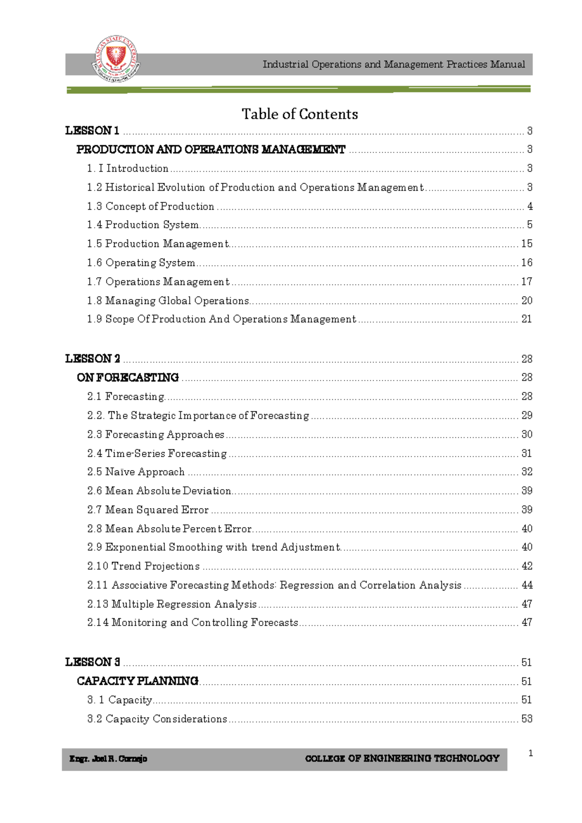 Industrial Operation Management Manual - Table of Contents - LESSON ...